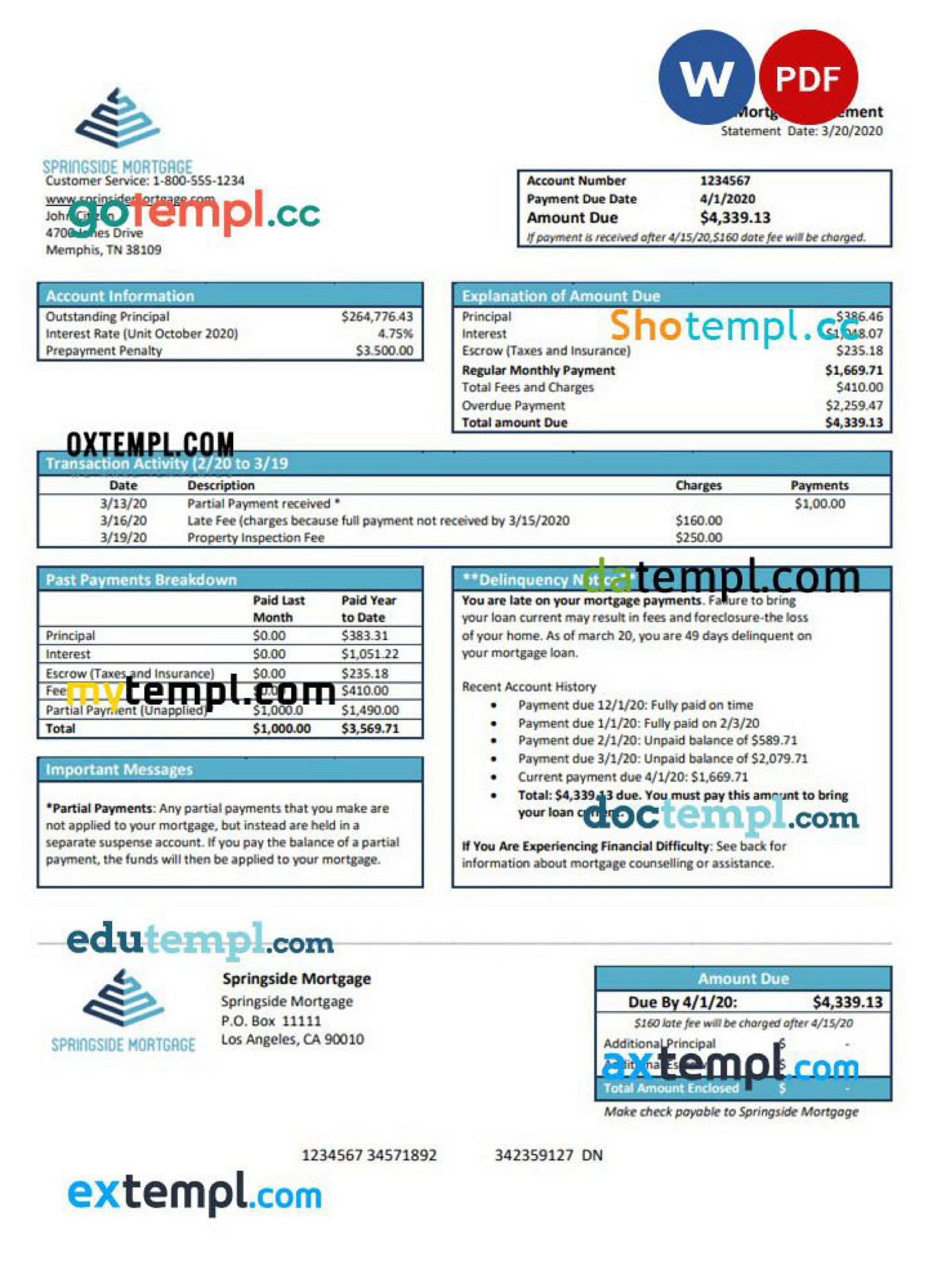 Doctempl - USA Springside Mortgage bank statement template in Word and ...