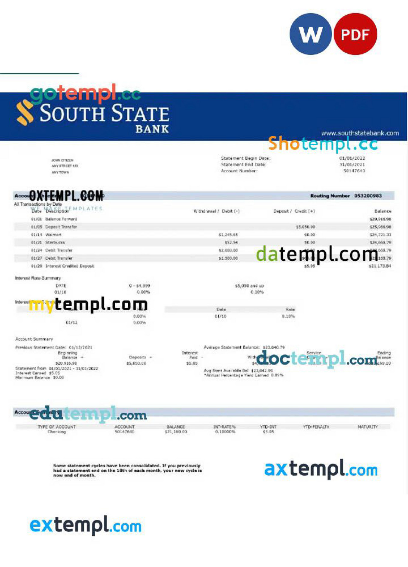 Doctempl - USA SOUTH STATE BANK statement Word and PDF template - Page 1