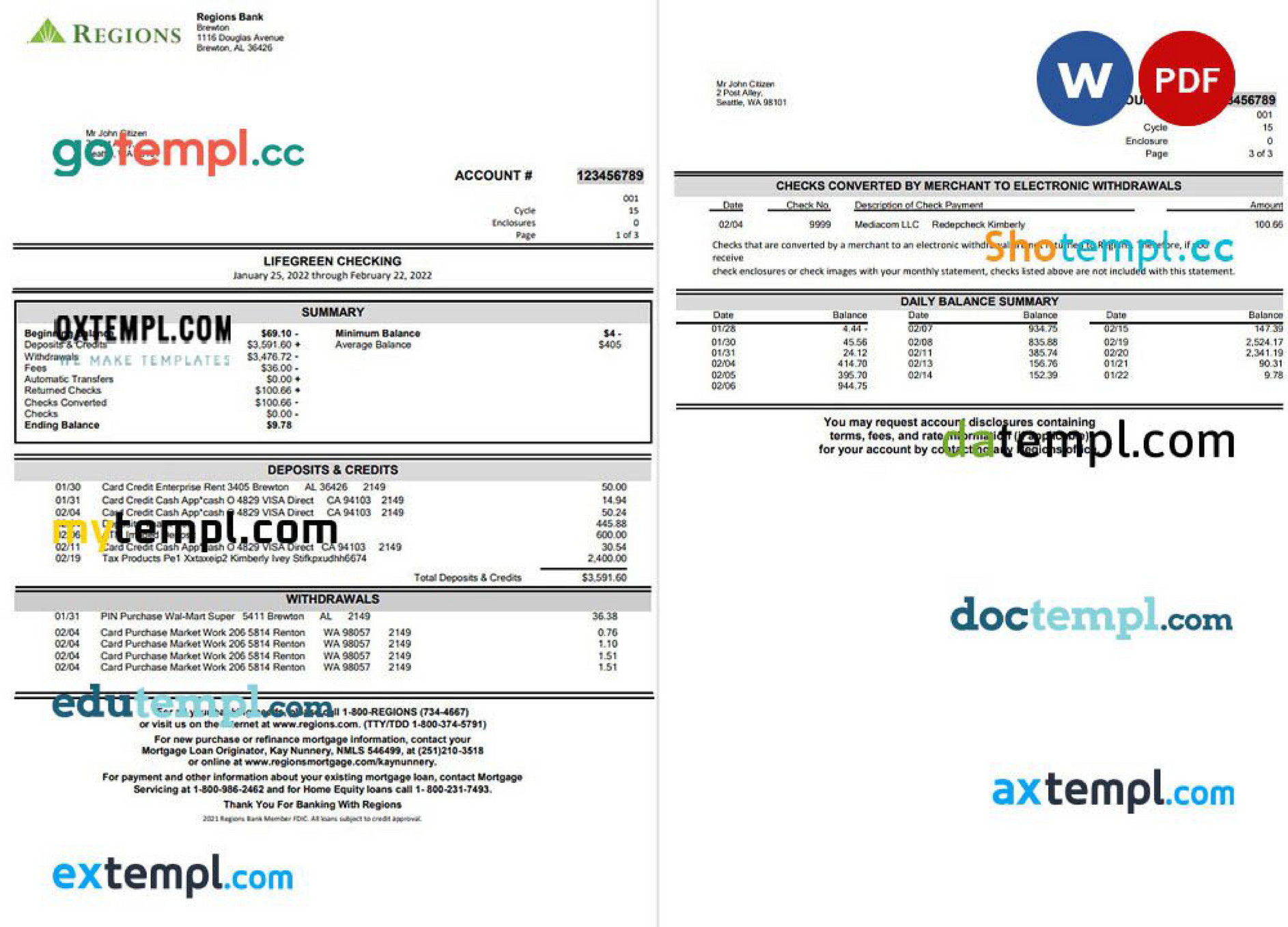 Doctempl - USA Regions bank statement Word and PDF template, 3 pages ...