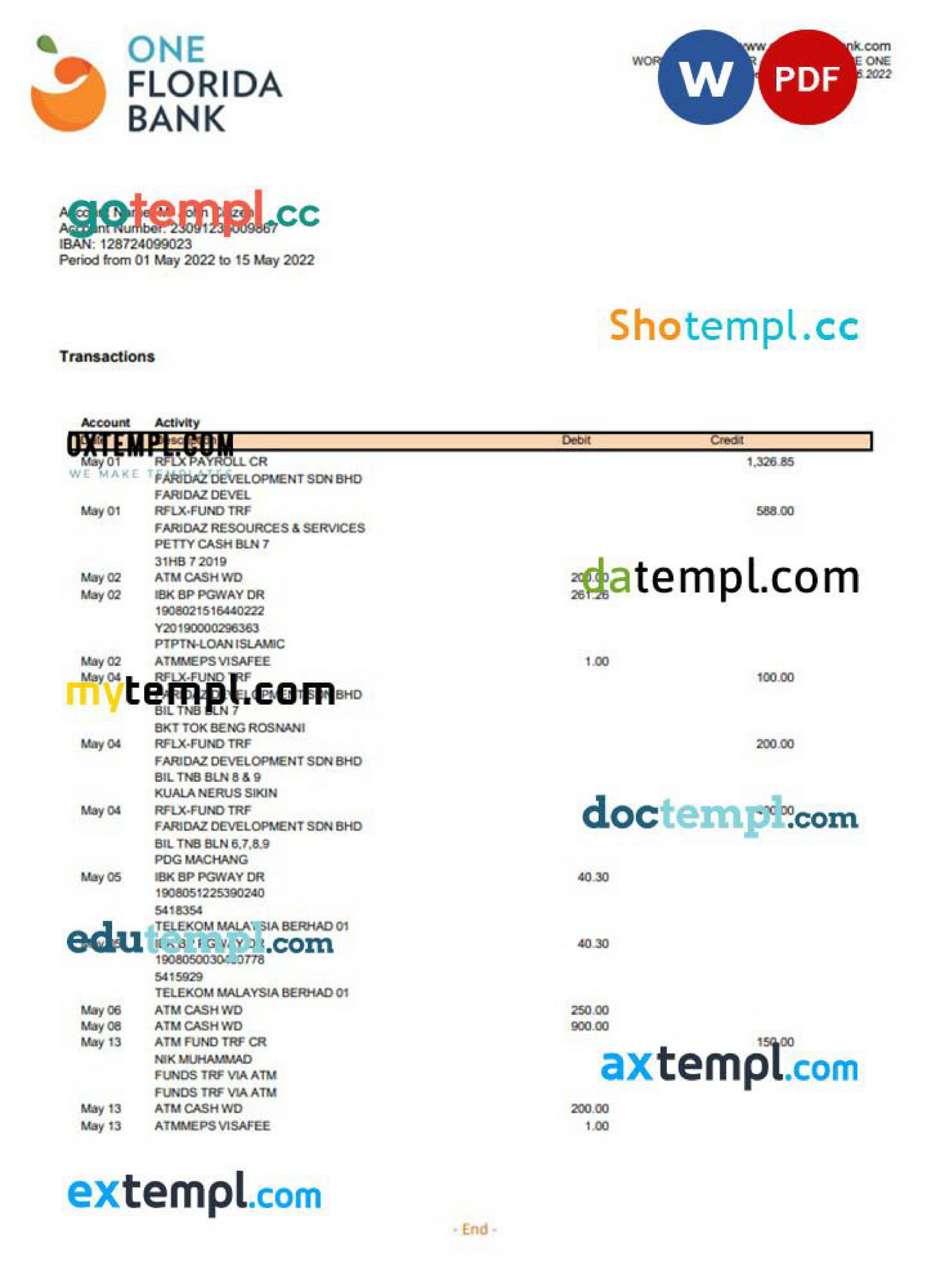 Doctempl - USA One Florida bank statement, Word and PDF template - Page 1