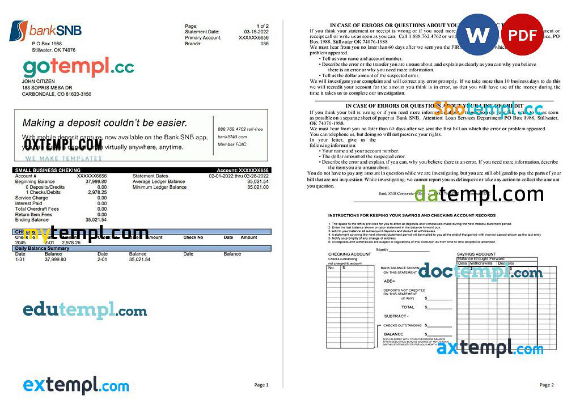 Doctempl - USA Oklahoma SNB bank statement Word and PDF template, 2 ...