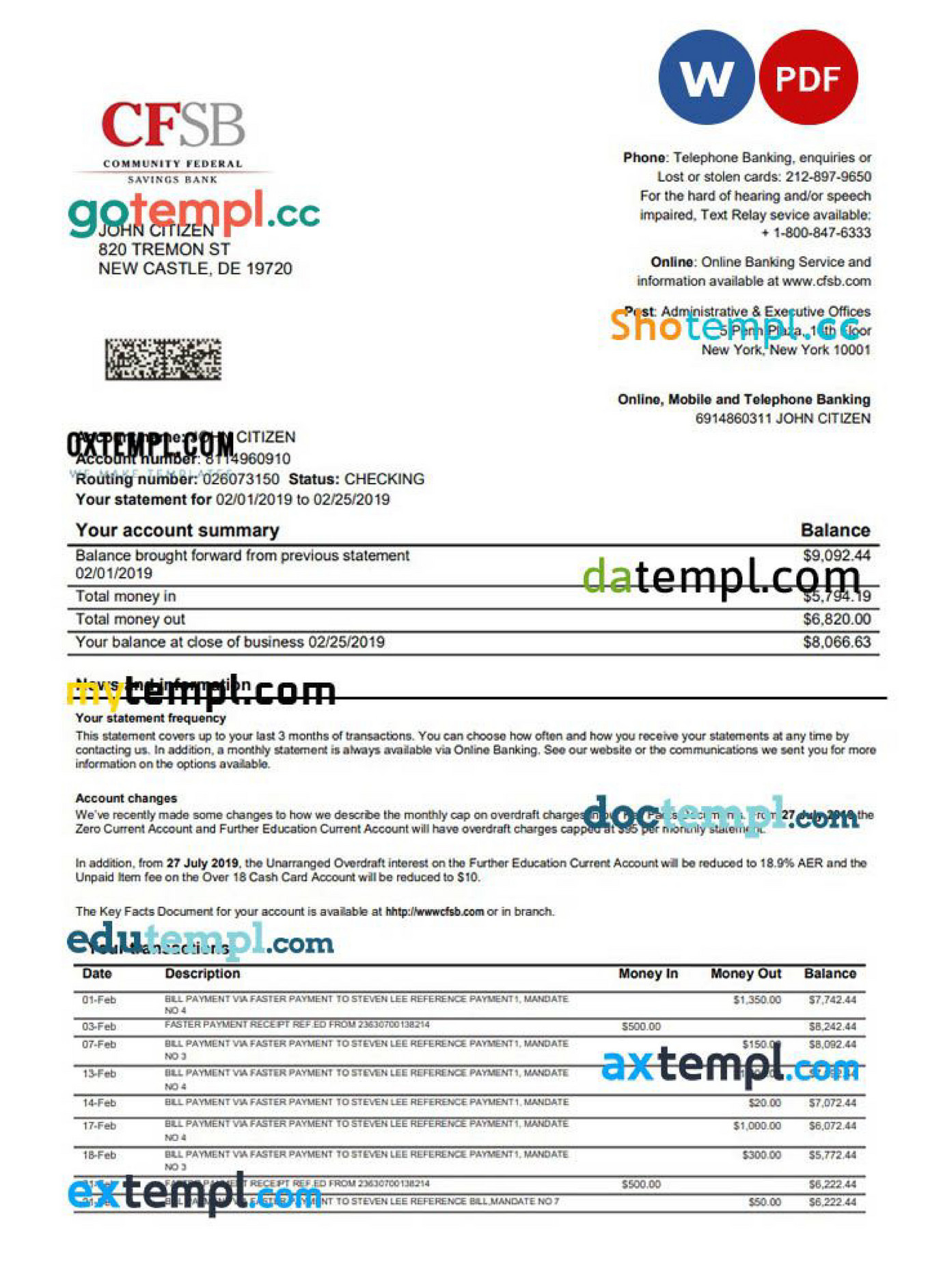 Doctempl - USA New York CFSB bank statement template in Word and PDF ...