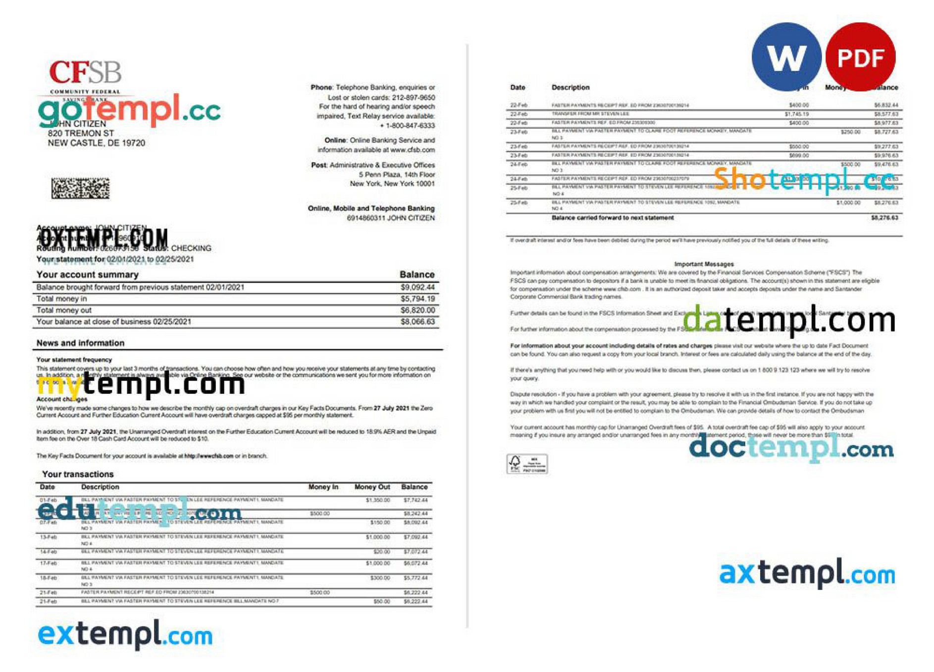 Doctempl - USA New York CFSB bank statement easy to fill templates in ...
