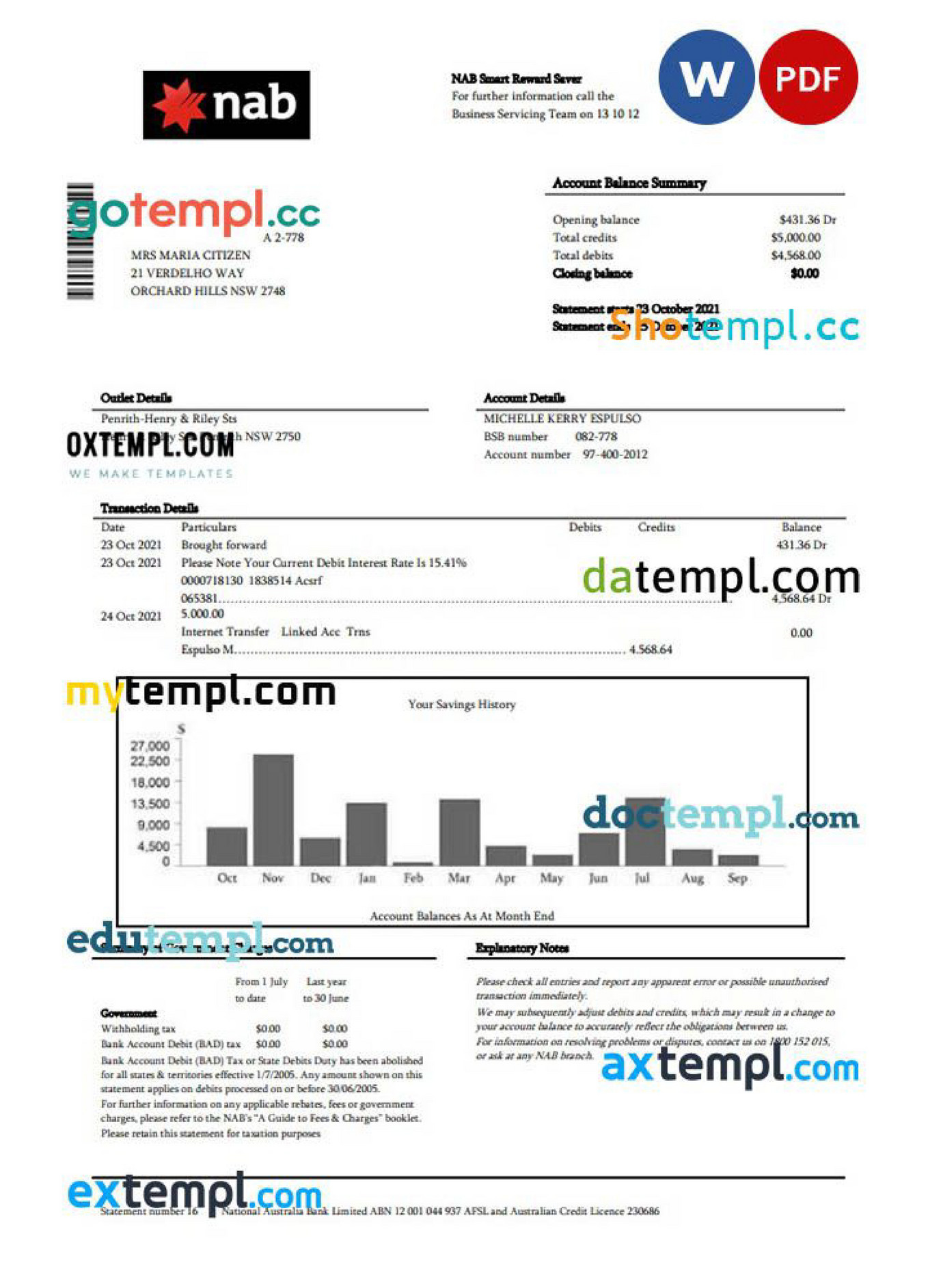 Doctempl - USA NAB bank statement template in Word and PDF format - Page 1