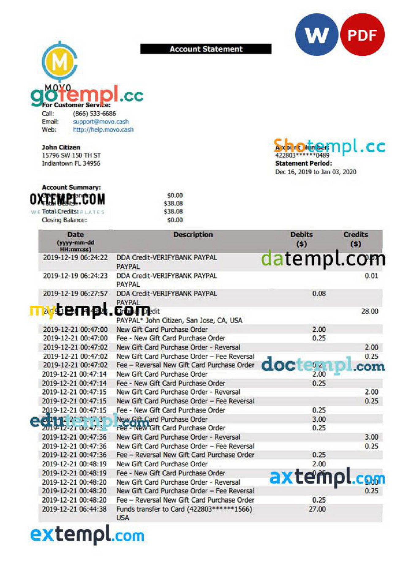 Doctempl - USA NAB bank statement template in Word and PDF format - Page 1