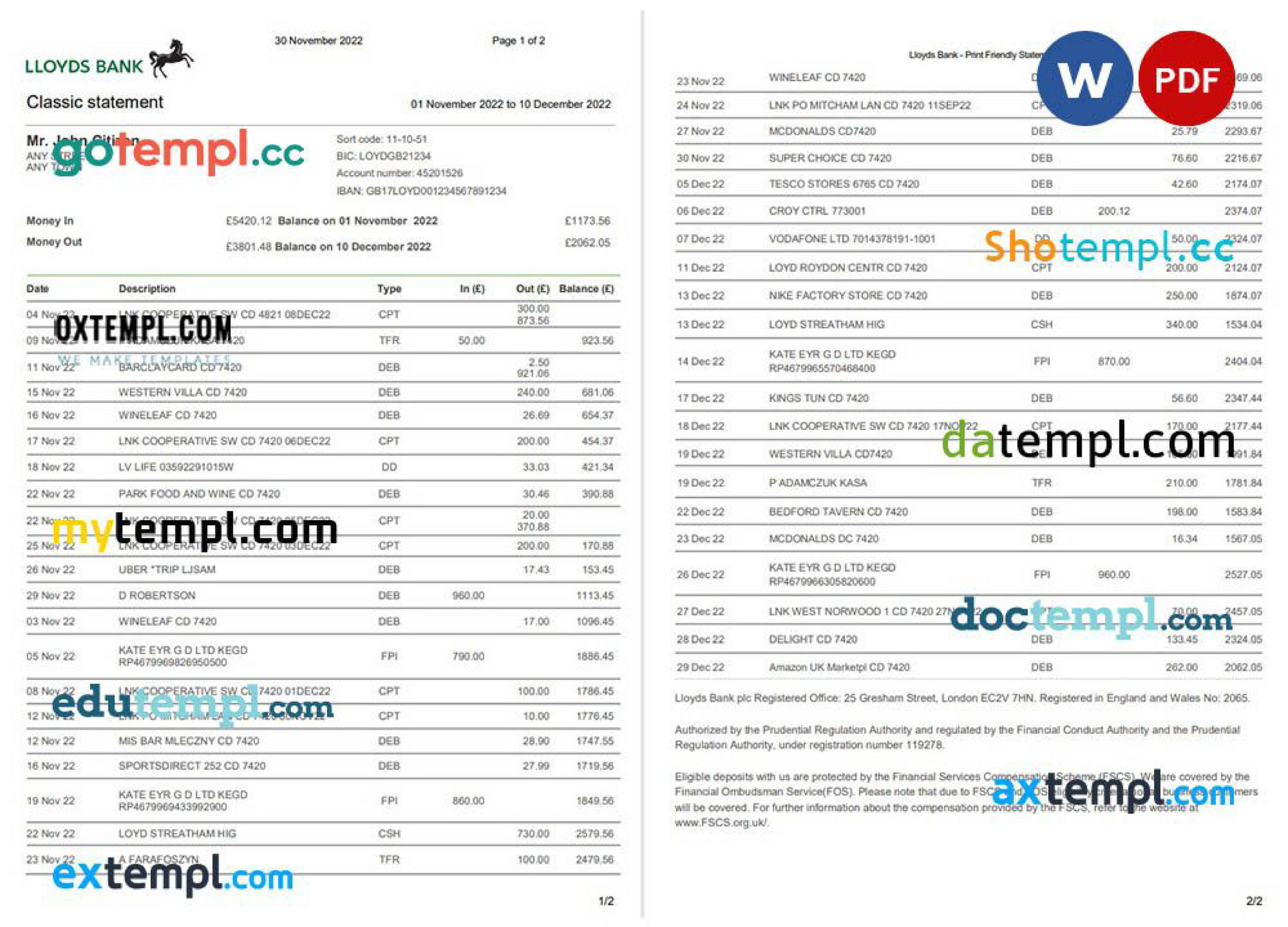 Doctempl - USA Lloyds bank statement, Word and PDF template, 2 pages ...