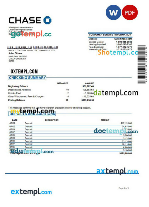 Doctempl - USA JP Morgan Chase bank statement template in Word and PDF format, .doc and .pdf ...