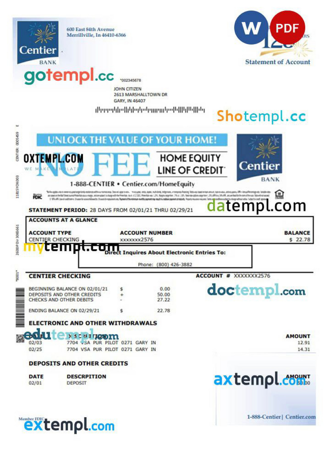 Doctempl - USA Indiana Centier bank statement template in Word and PDF ...