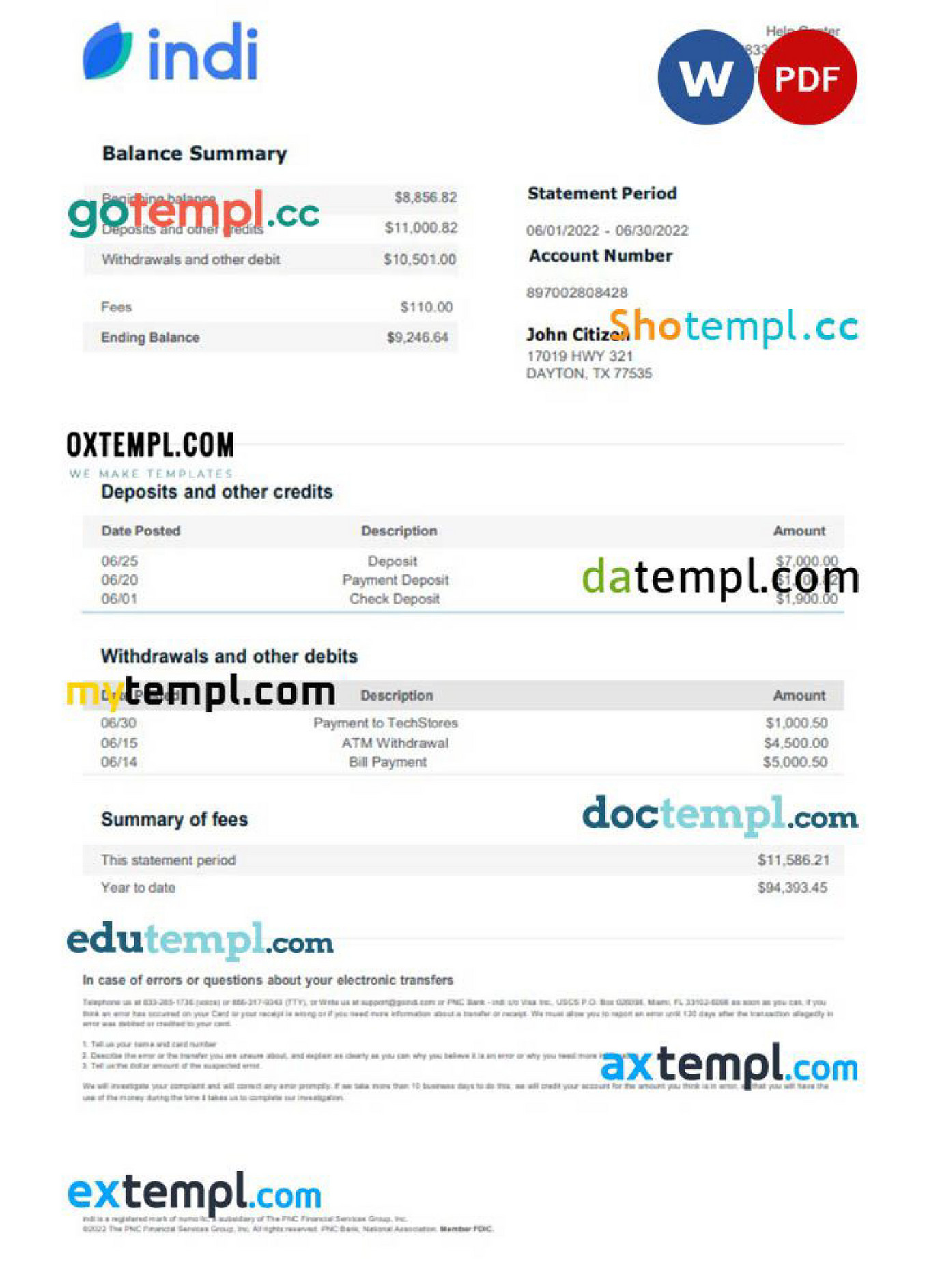 Doctempl - USA indi bank statement, Word and PDF template - Page 1