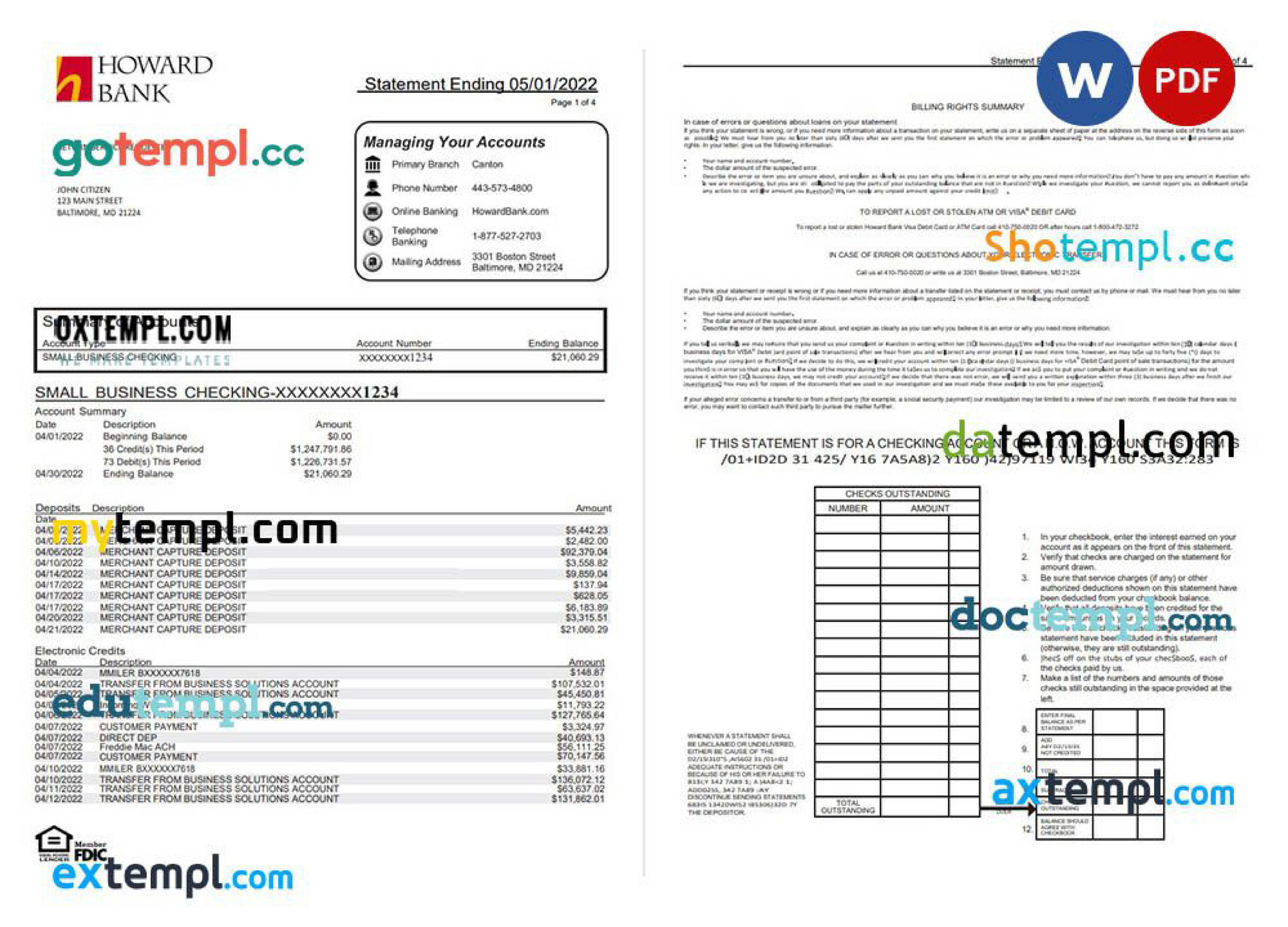 Doctempl - USA Howard bank statement Word and PDF template, 4 pages ...