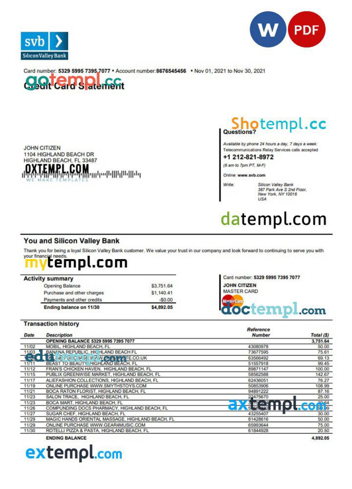 Doctempl - USA Florida Silicon Valley bank credit card statement ...