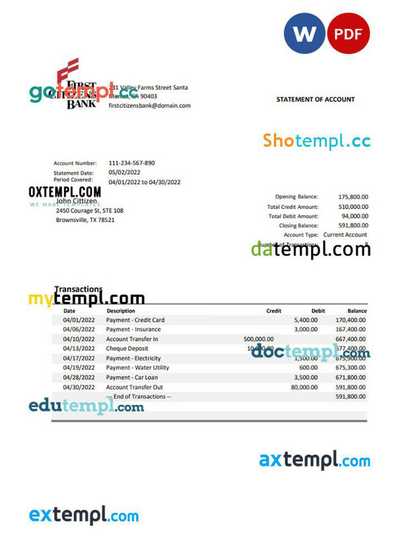Doctempl - USA First Citizens bank statement Word and PDF template - Page 1