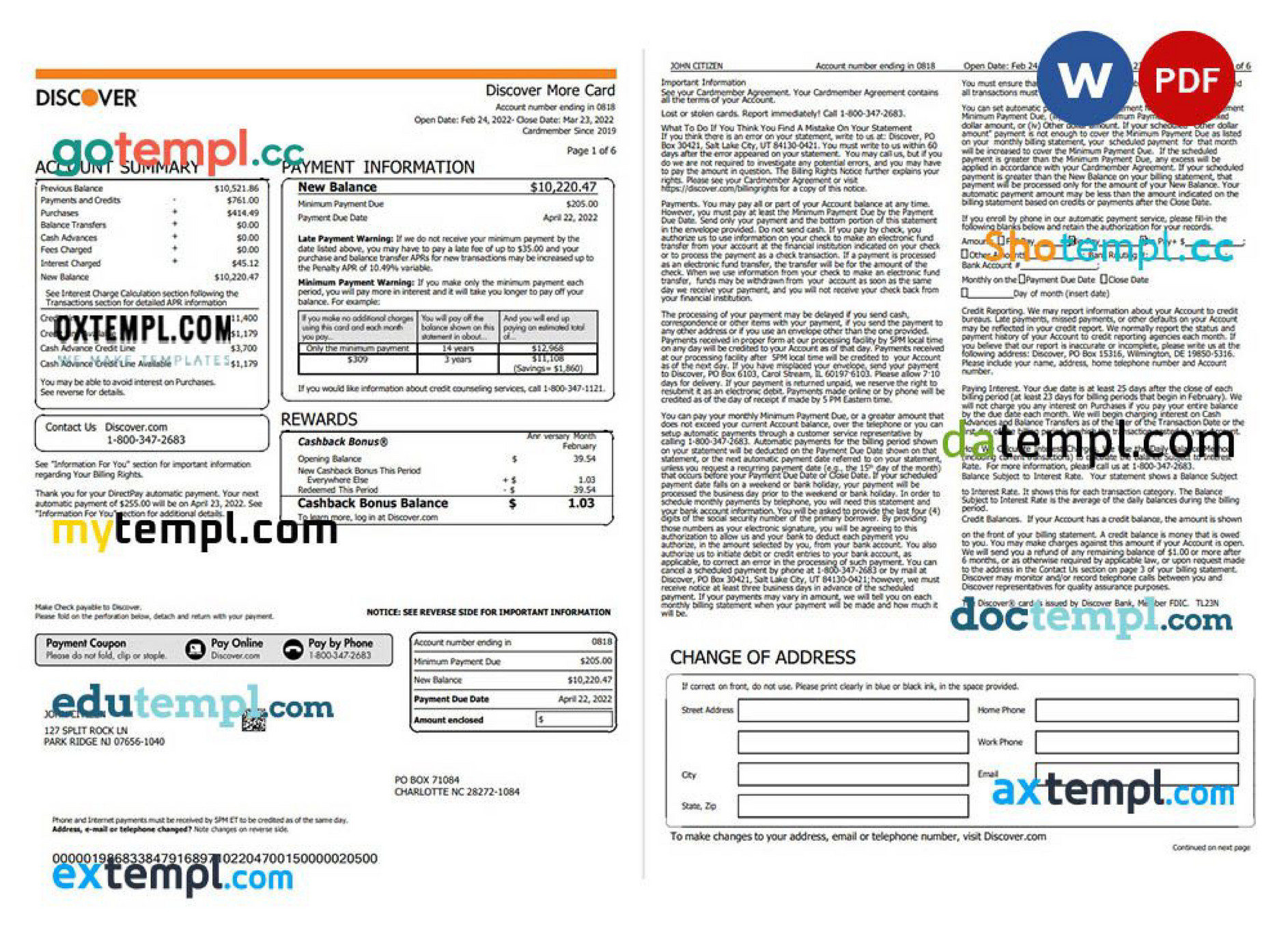 Doctempl - USA Discover credit card statement, Word and PDF template, 6 ...