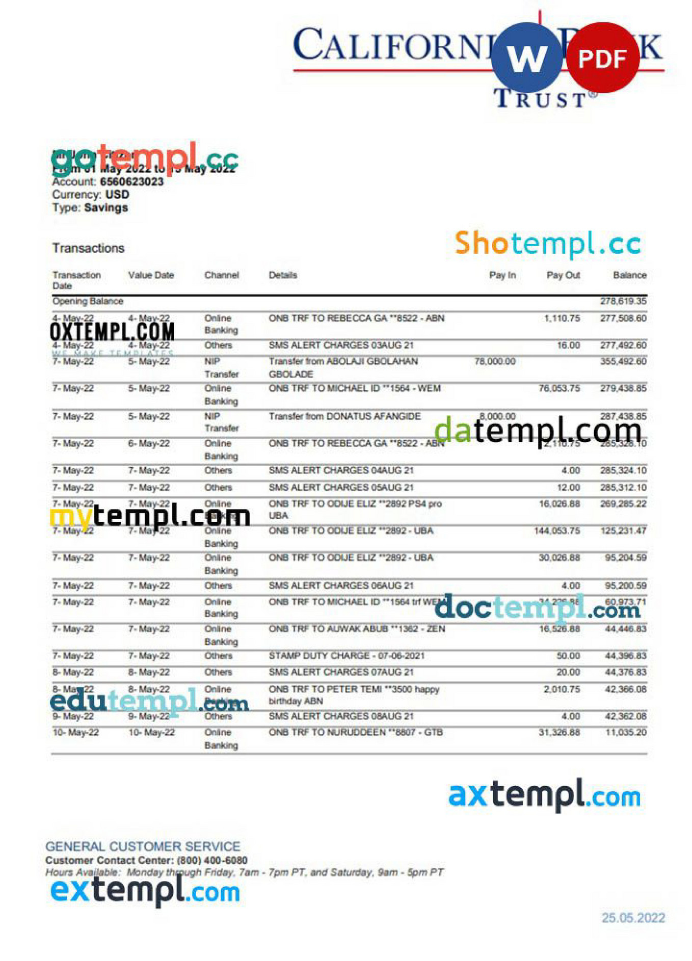 Doctempl - USA California Bank Trust bank statement, Word and PDF ...