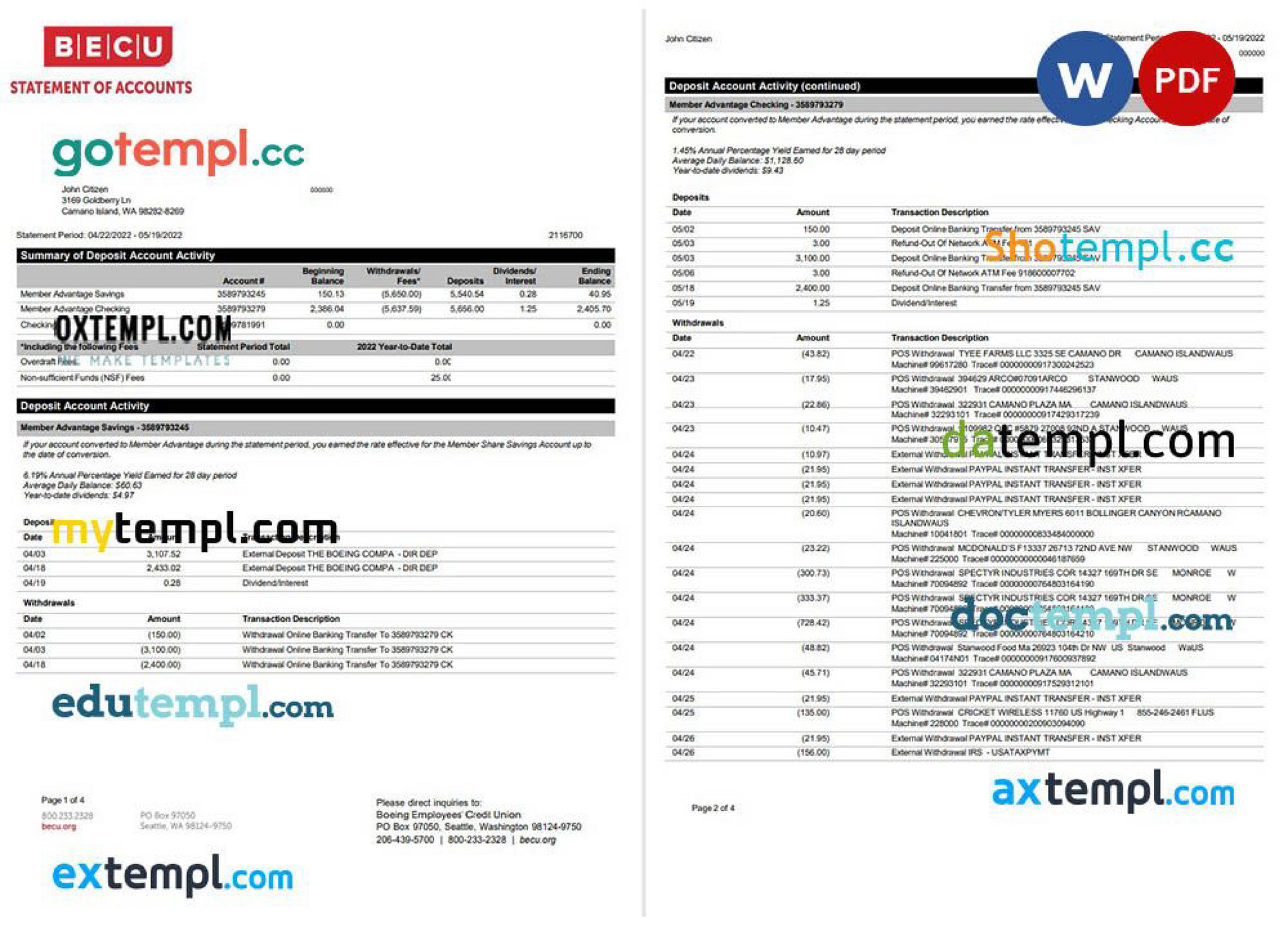 Doctempl - USA BECU bank statement, Word and PDF template, 4 pages - Page 1
