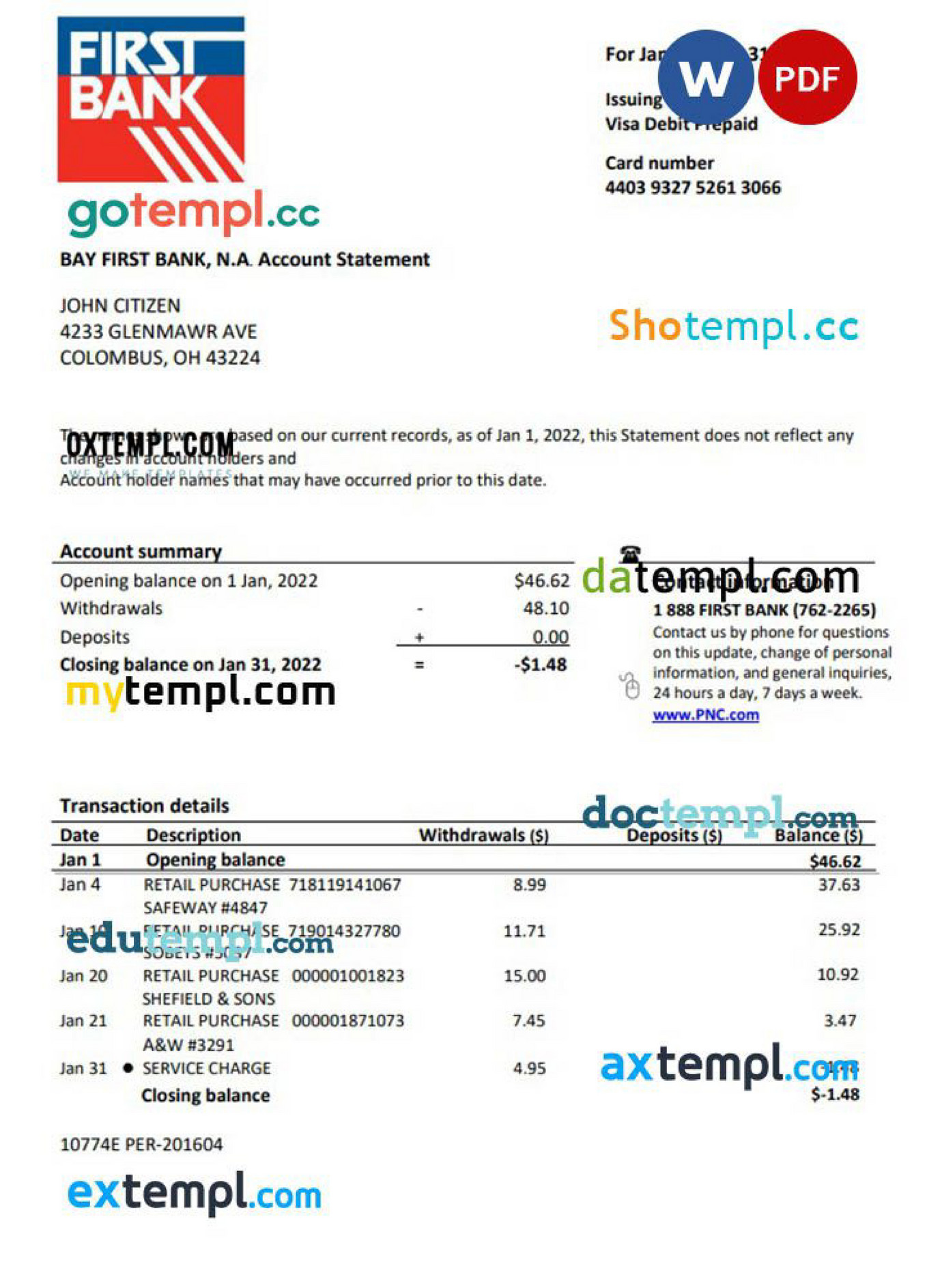 Doctempl - USA Bay First bank statement, Word and PDF template, 2 pages ...