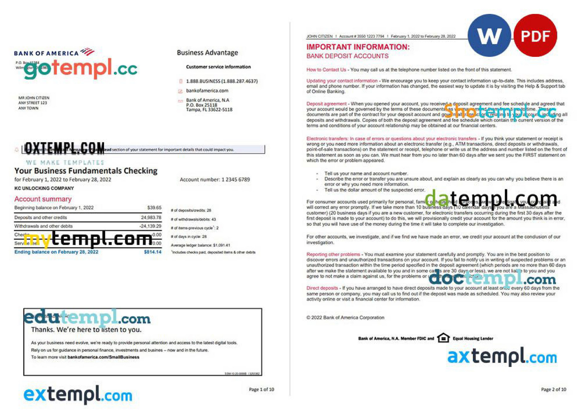 Doctempl - USA Bank of America bank statement, Word and PDF template ...