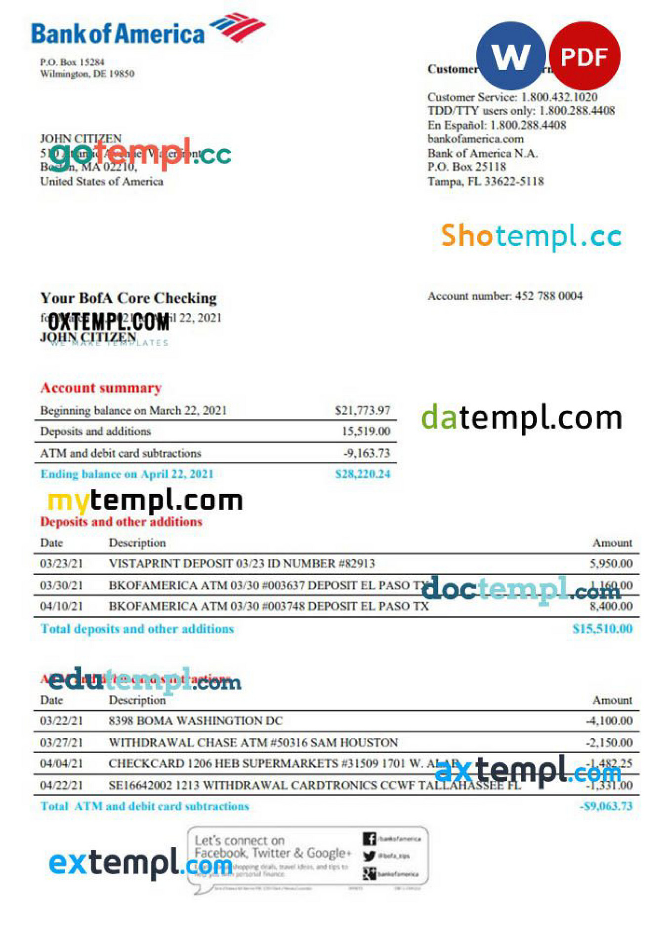 Doctempl - USA Bank of America bank statement template in Word and PDF format, version 4 - Page 1