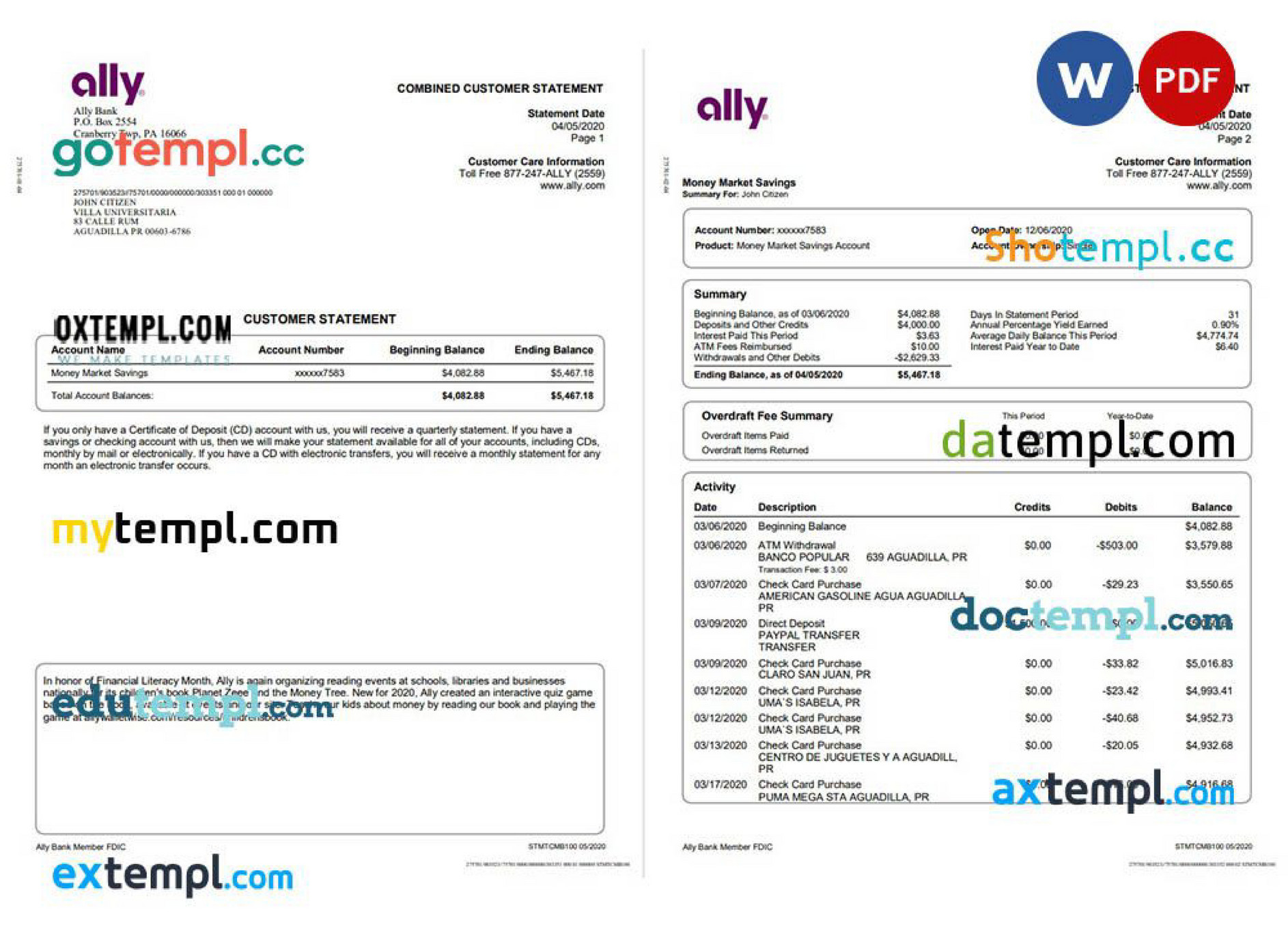 Doctempl - USA Ally Bank statement template in Word and PDF format (4 ...