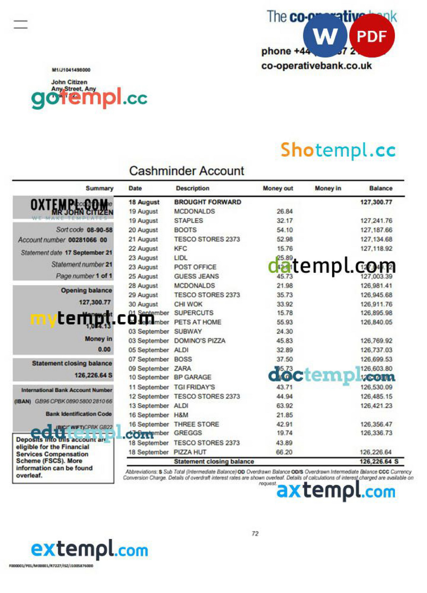 Doctempl - United Kingdom The Co-operative bank statement in Word and ...