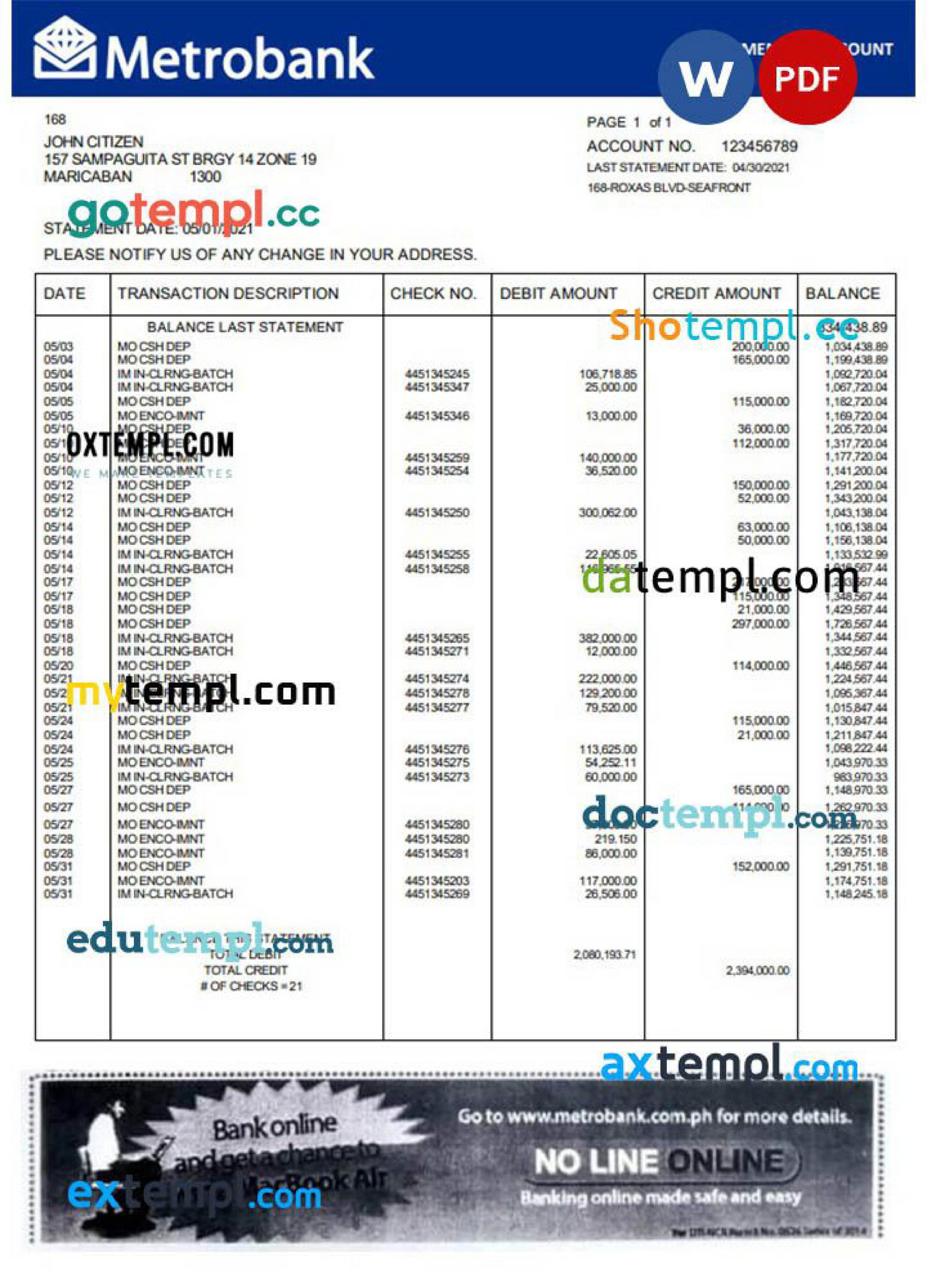 Doctempl - United Kingdom Metrobank bank statement in Word and PDF ...
