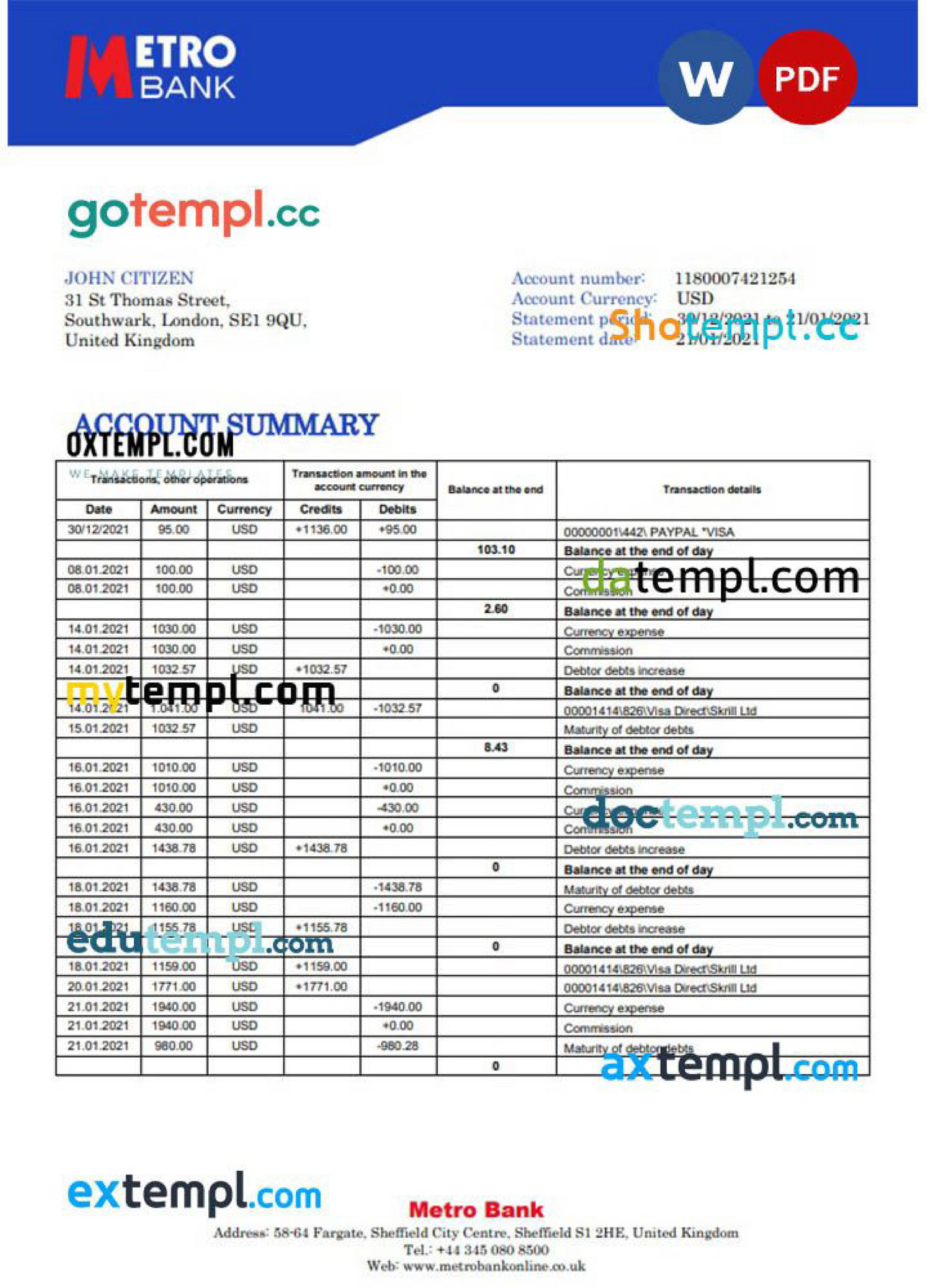 Doctempl - United Kingdom Metro Bank statement template in Word and PDF format - Page 1