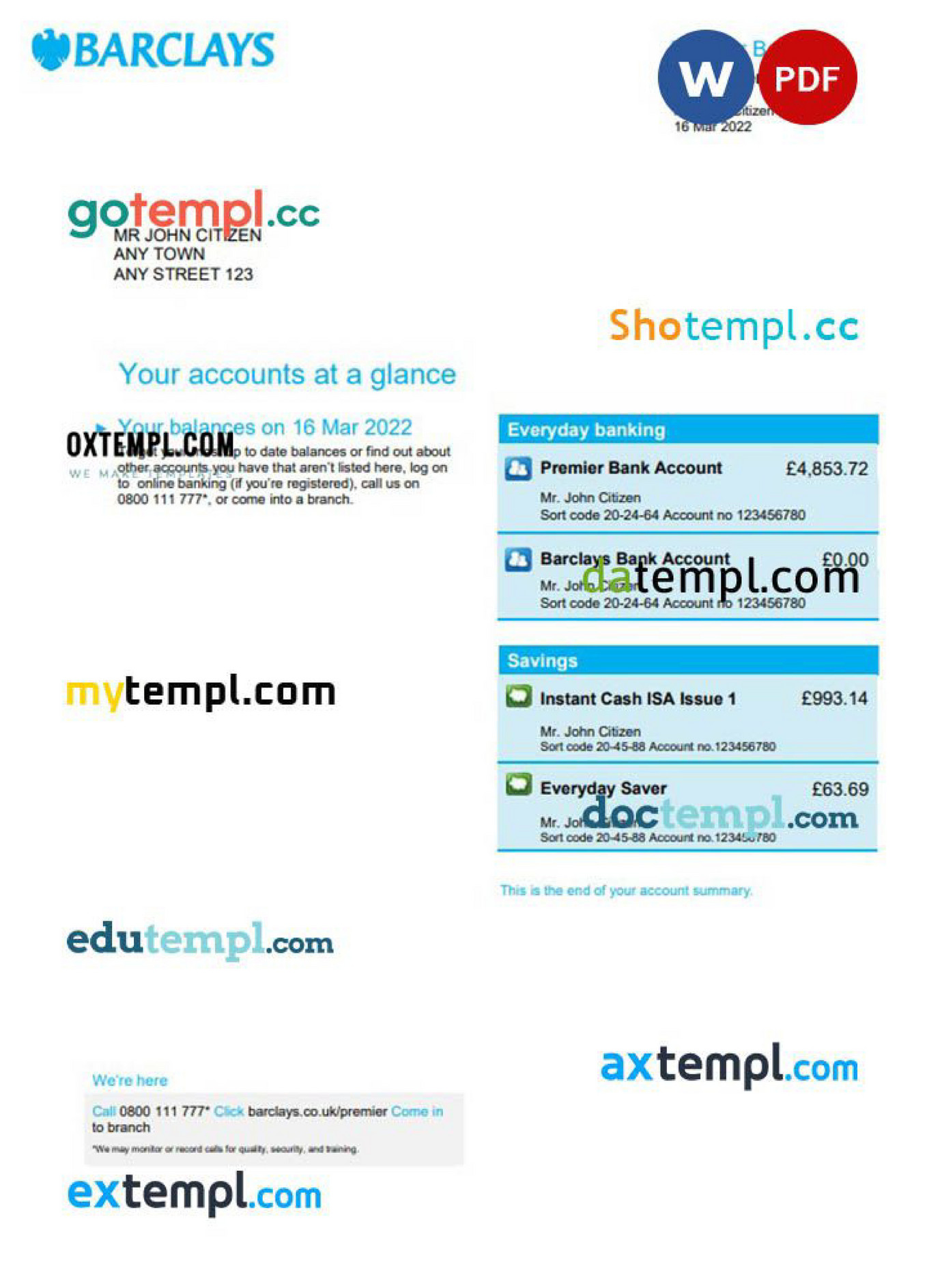 Doctempl - United Kingdom Barclays bank statement, Word and PDF ...