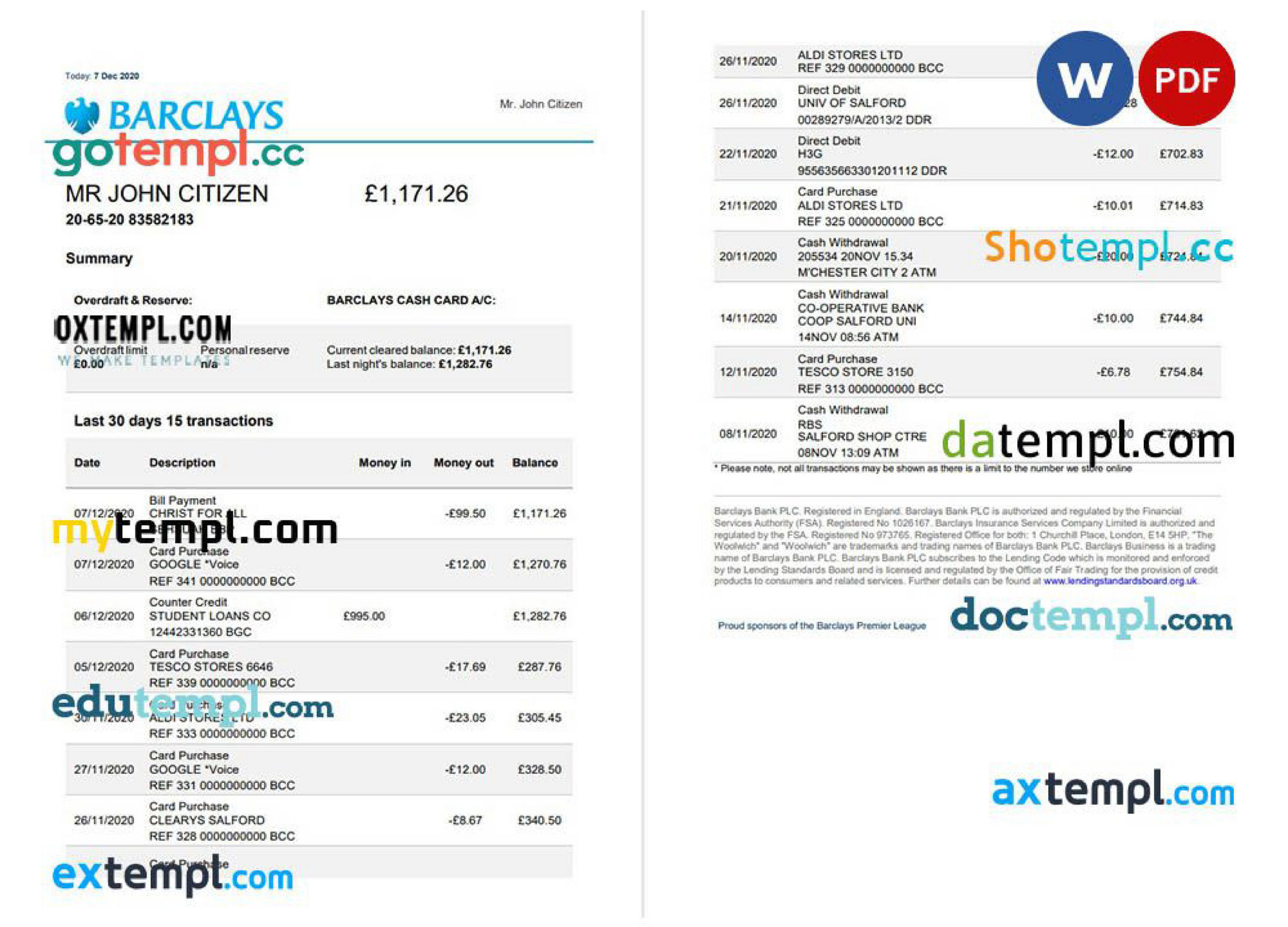 Doctempl - United Kingdom Barclays bank statement template in Word and ...