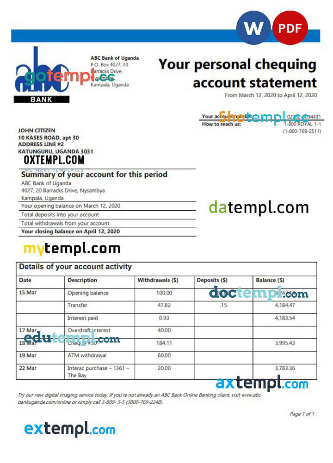 Doctempl - Uganda ABC Bank of Uganda proof of address bank statement template in Word and PDF ...