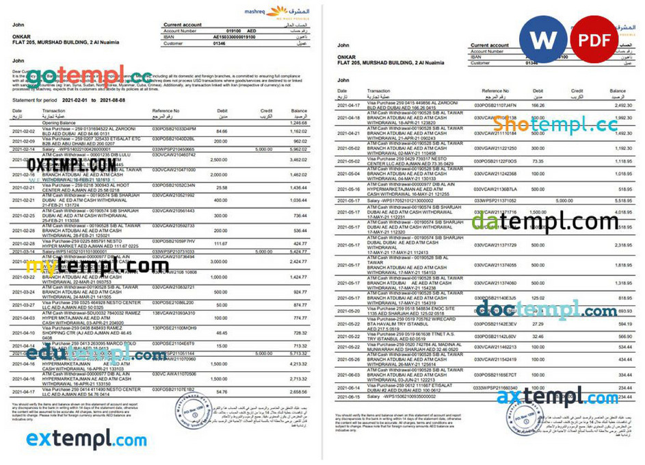 Doctempl - UAE Mashreq bank statement template in Word and PDF format ...