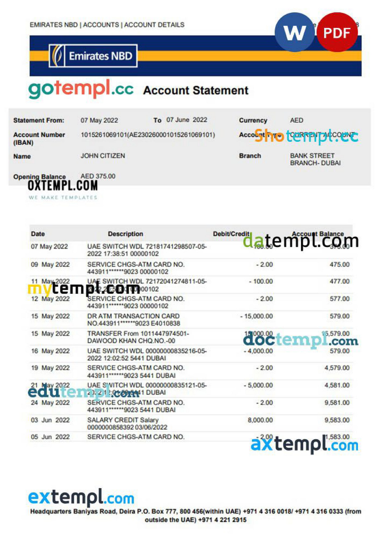 Doctempl - UAE Dubai NBD bank statement Word and PDF template, version ...