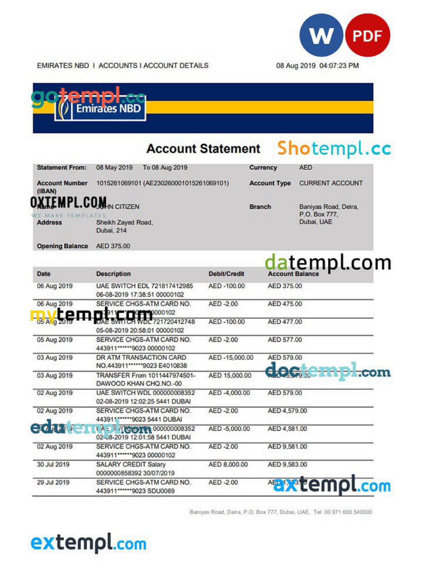 Doctempl - UAE Dubai Emirates NBD bank proof of address statement ...
