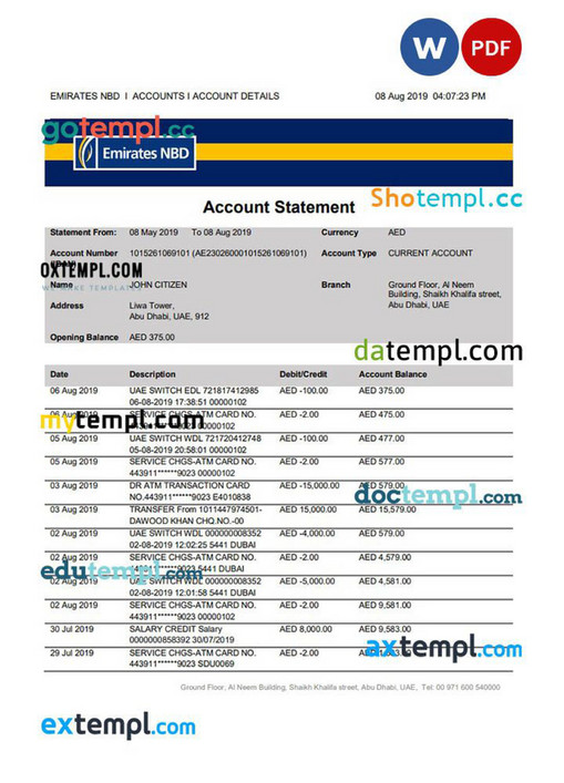 Doctempl - UAE Abu Dhabi Emirates NBD bank statement template in Word ...