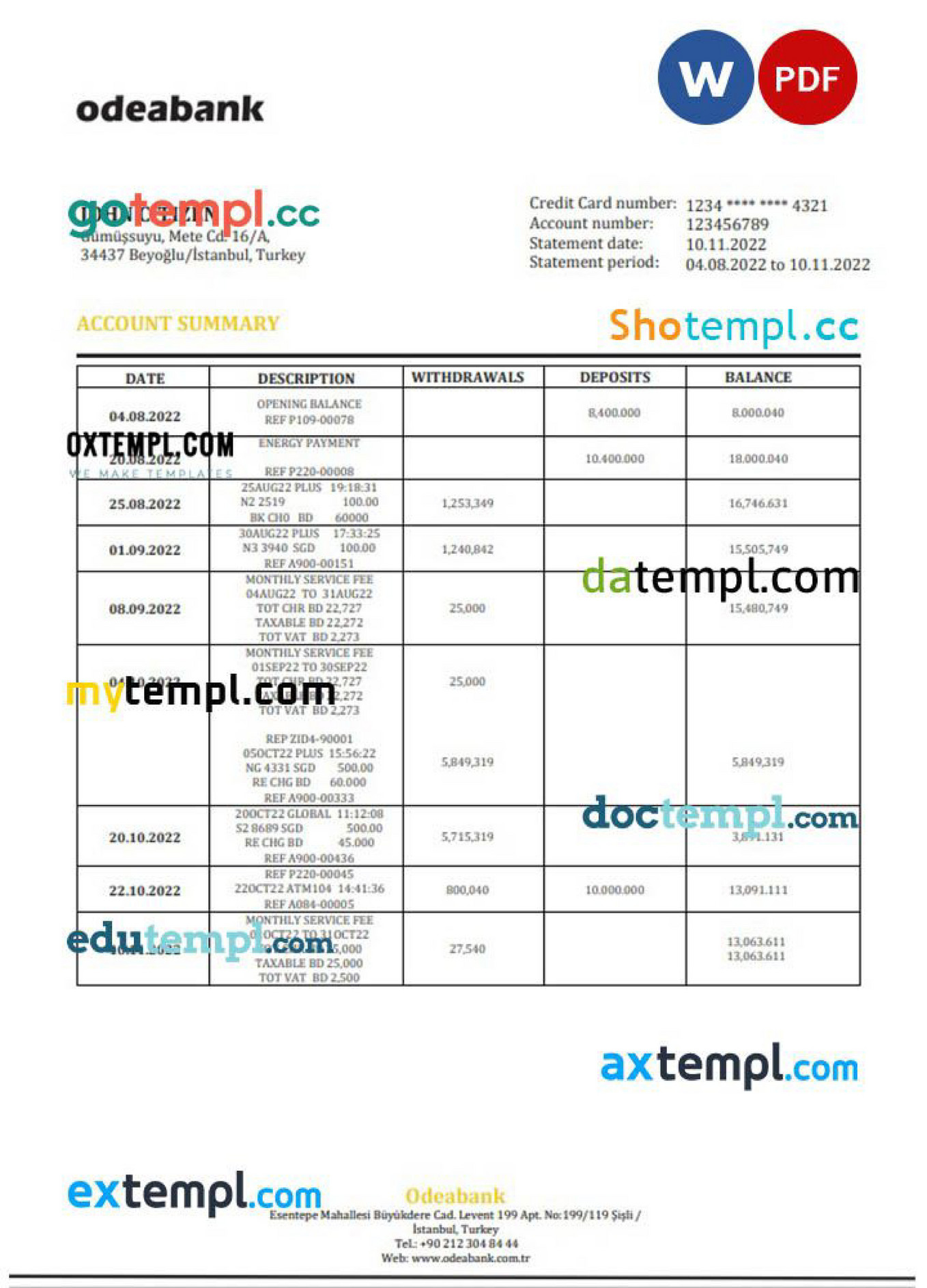 Doctempl - Turkey Odeabank bank statement template in .doc and .pdf format - Page 1
