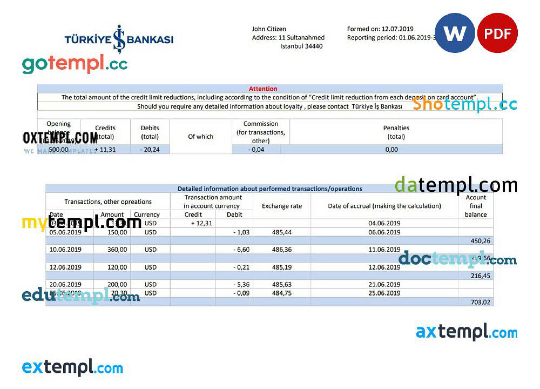 Doctempl - Turkey Bankasi bank proof of address statement template in ...