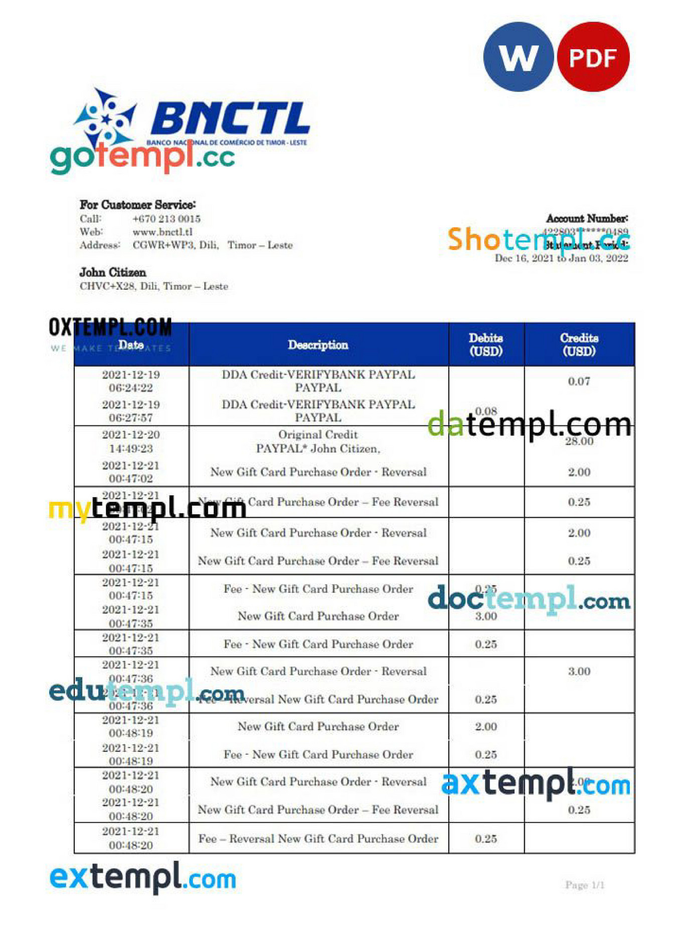 Doctempl - Timor-Leste BNCTL bank statement template in Word and PDF ...