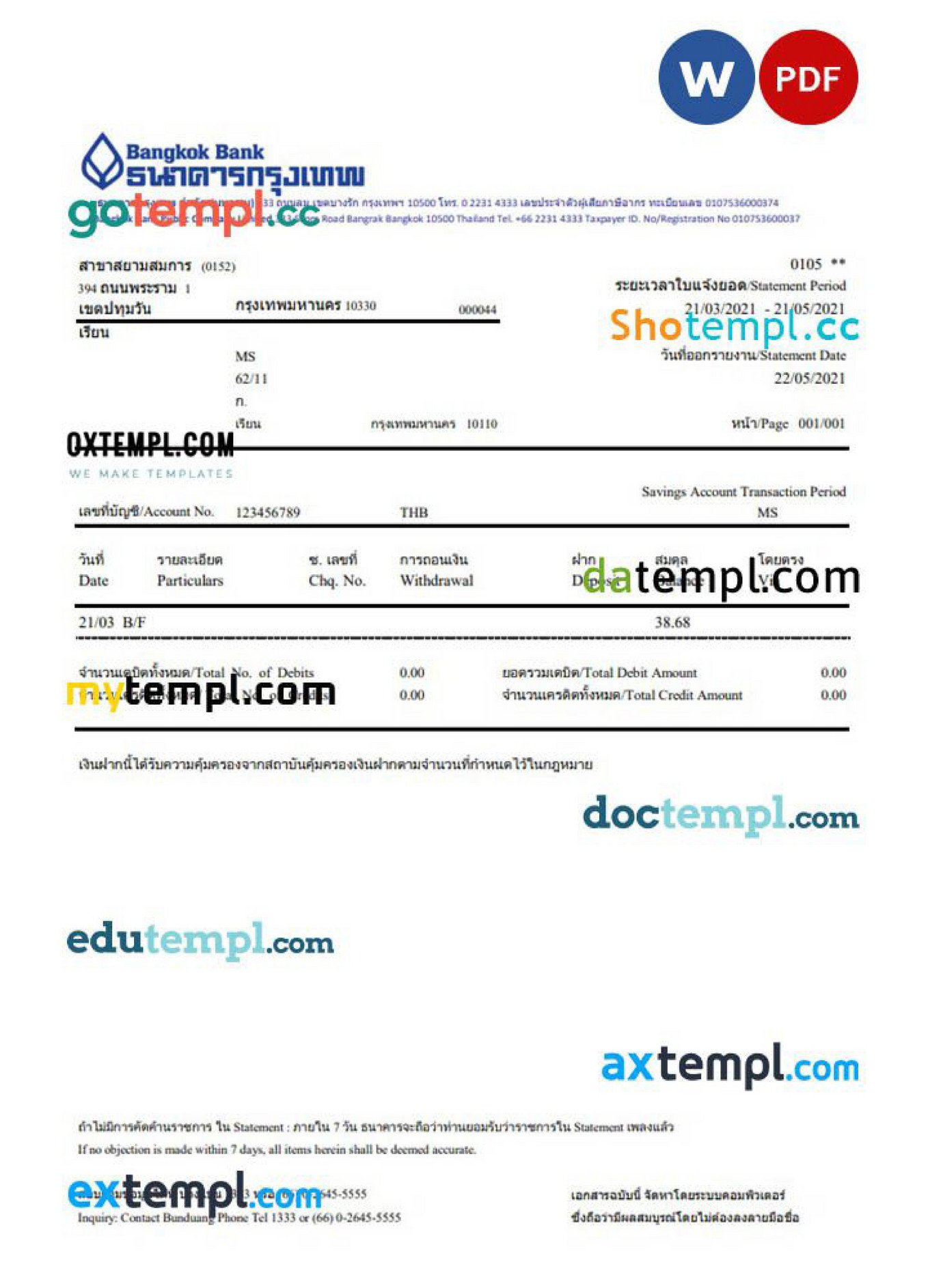 Doctempl - Thailand Bangkok Bank online banking transaction statement template in Word and PDF ...