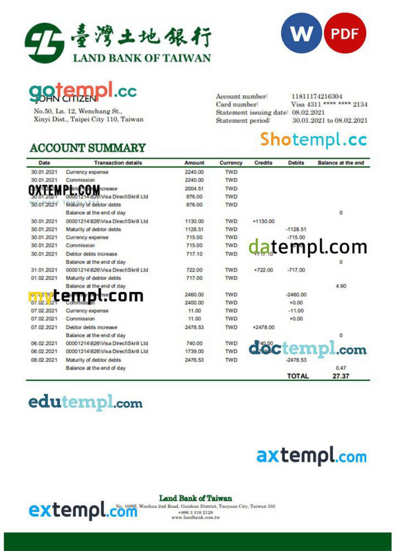 Doctempl - Taiwan Land Bank of Taiwan bank statement template in Word ...