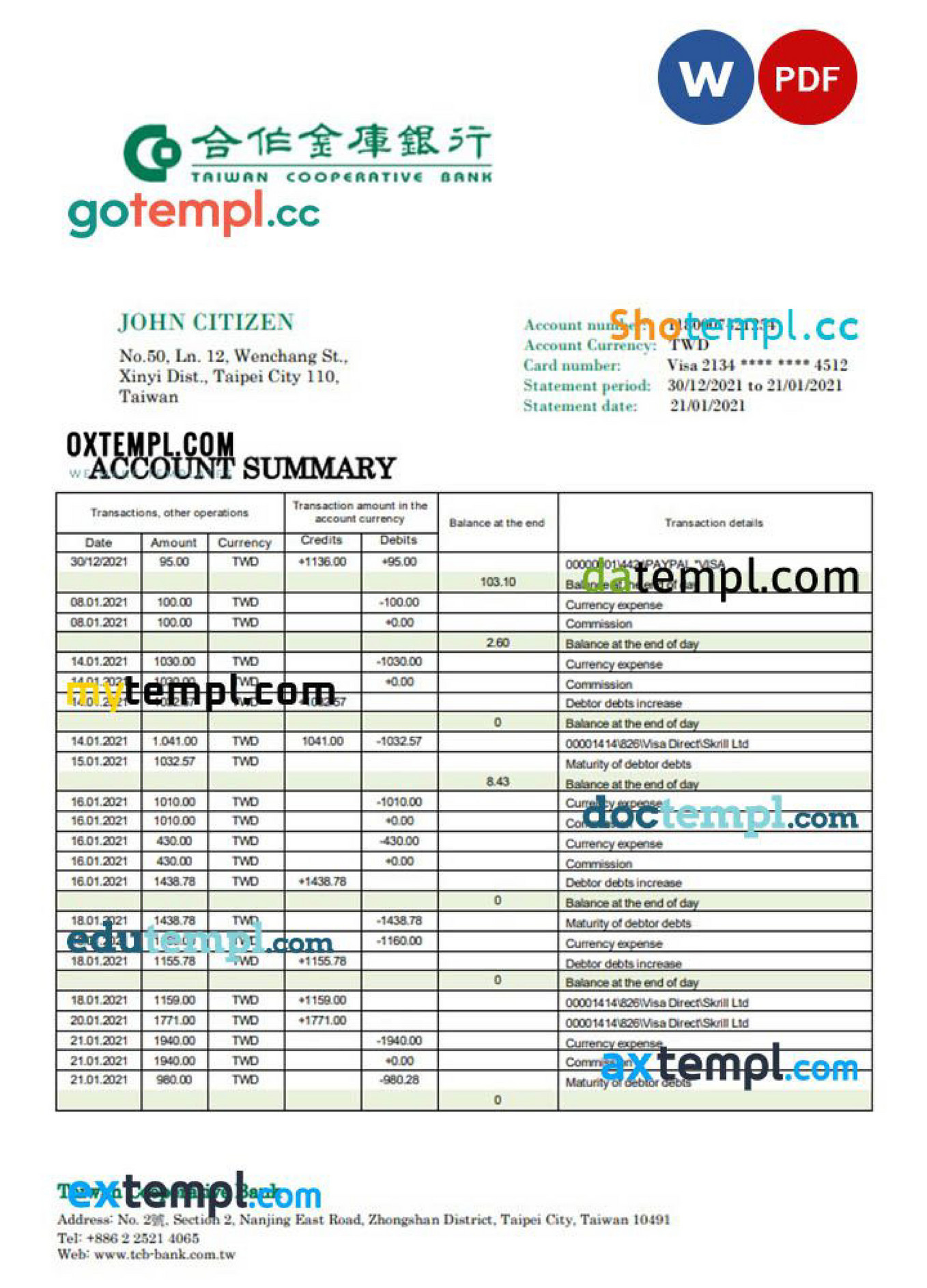 Doctempl - Taiwan Cooperative Bank statement template in Word and PDF ...