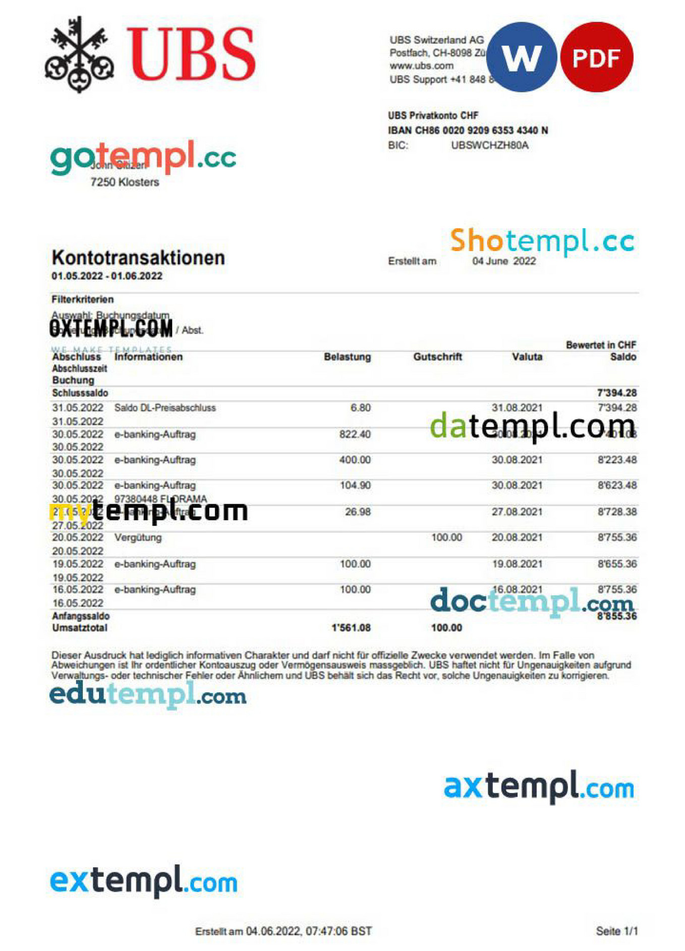 Doctempl - Switzerland UBS bank statement, Word and PDF template - Page 1