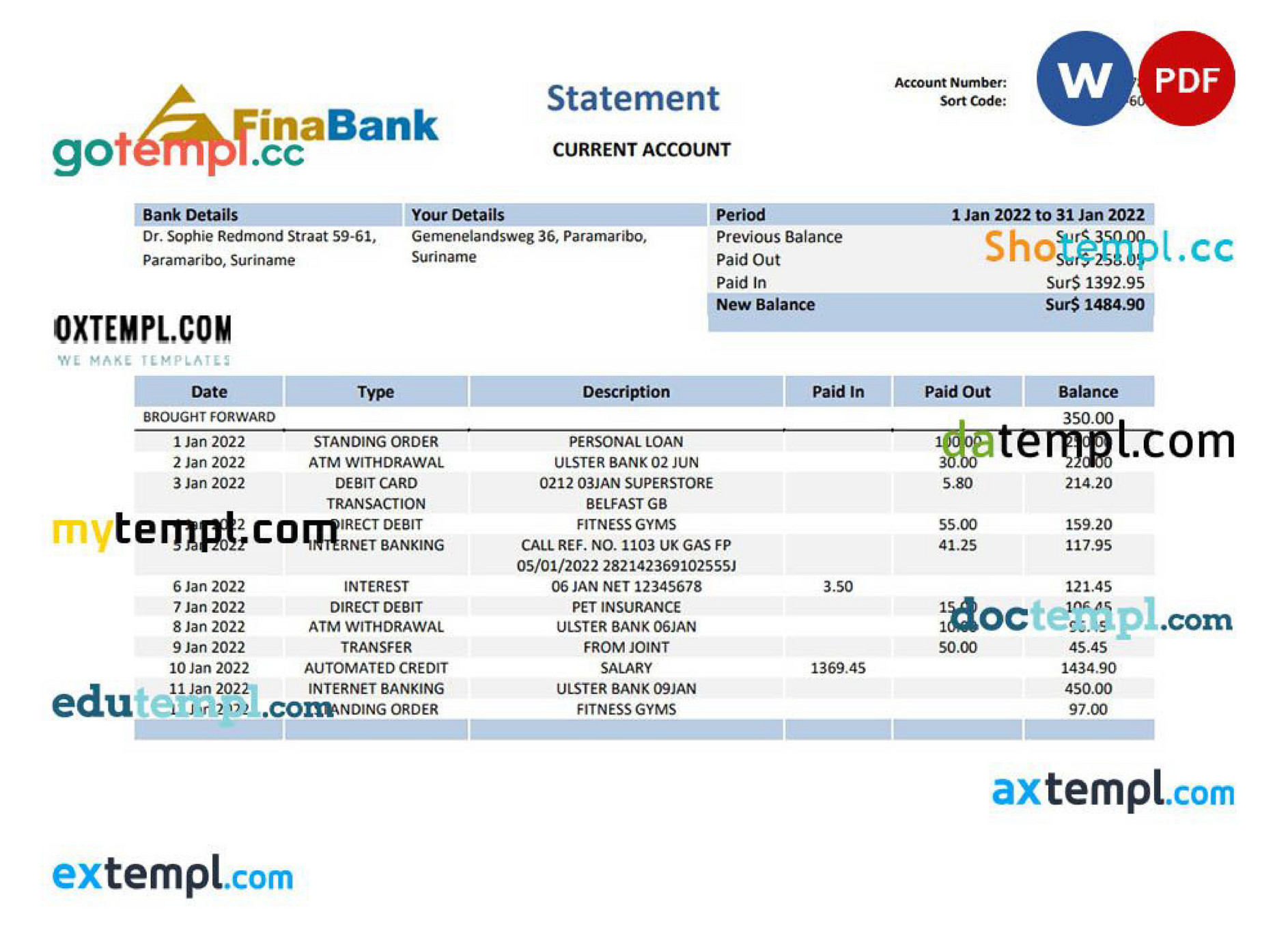 Doctempl - Suriname Finabank bank statement template in Word and PDF format - Page 1