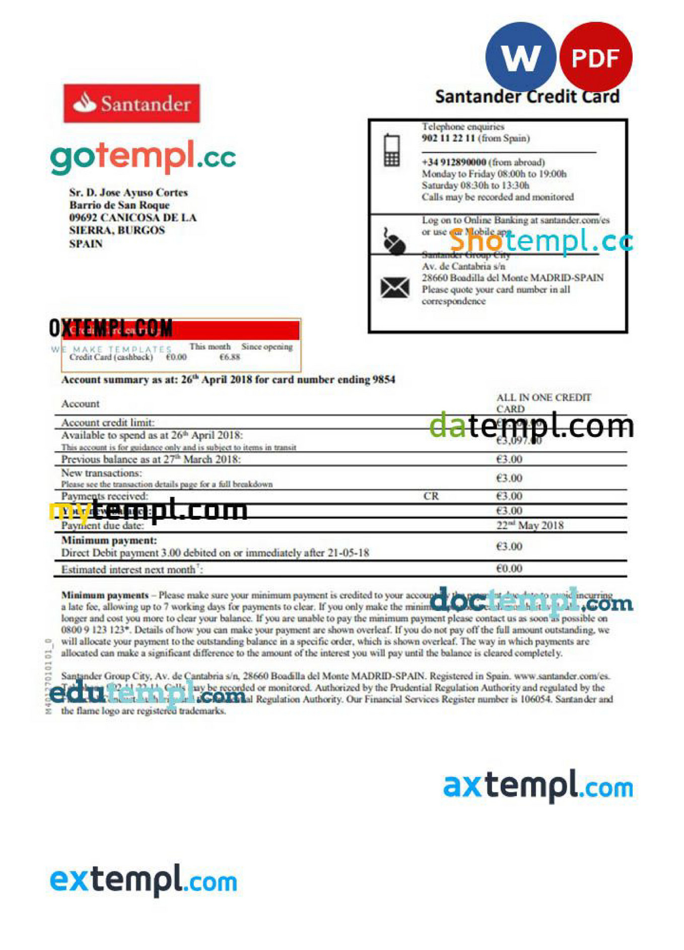 Doctempl - Spain Santander credit card statement template, Word and PDF ...