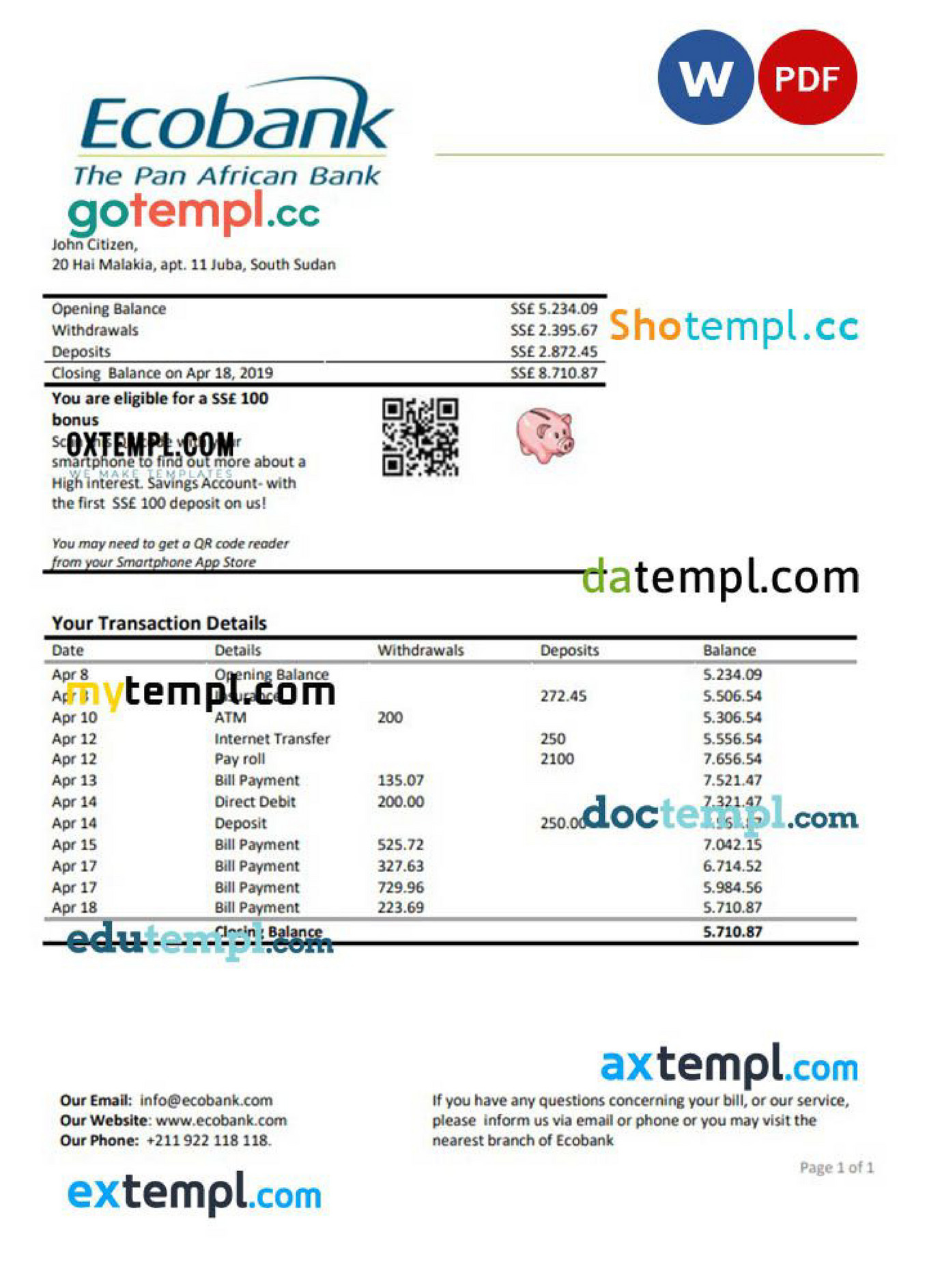 Doctempl - South Sudan Ecobank proof of address bank statement template in Word and PDF format ...