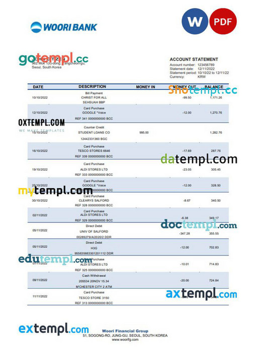 Doctempl - South Korea Woori bank statement template in Word and PDF format - Page 1