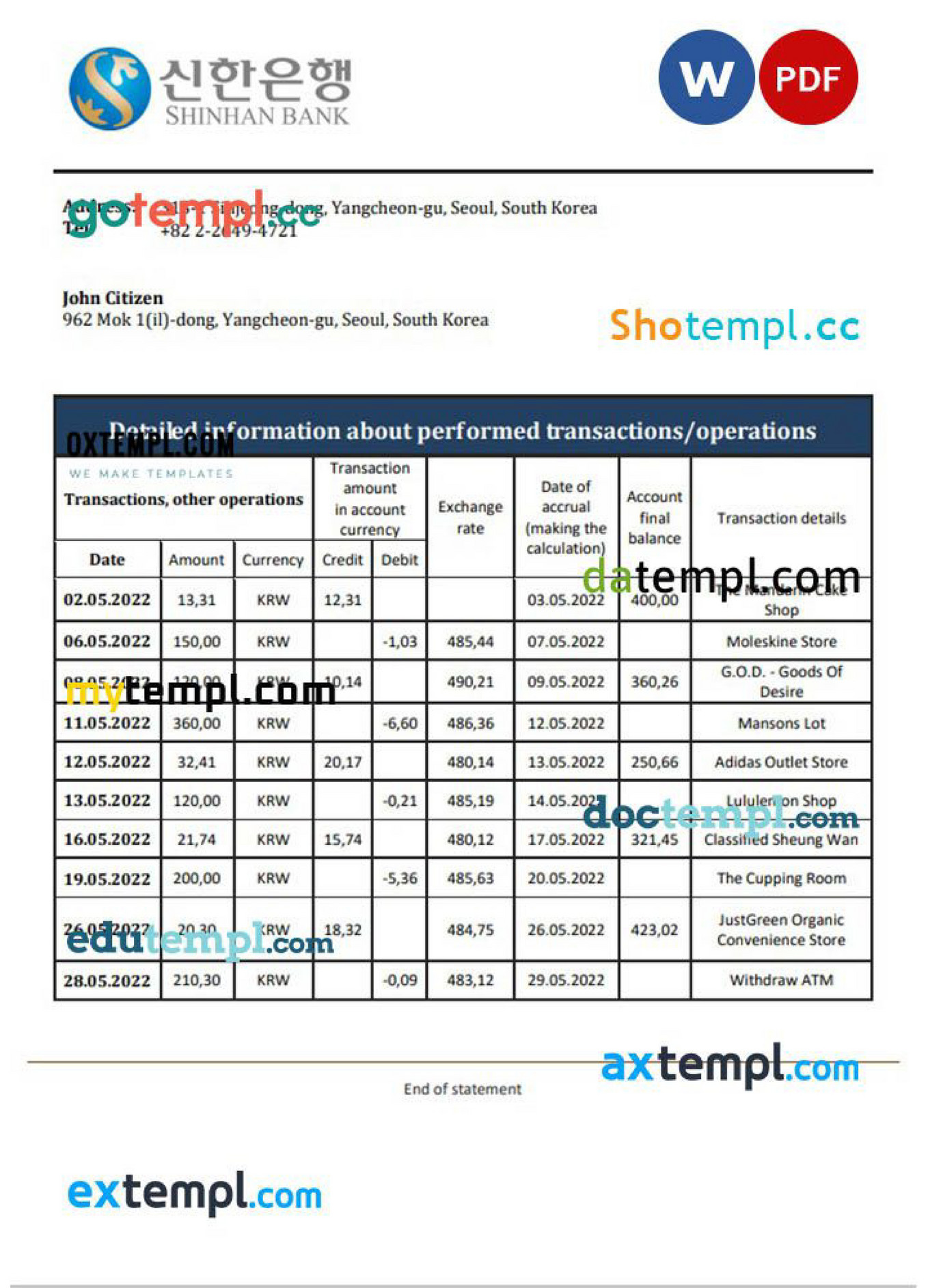 Doctempl - South Korea Shinhan bank statement template in Word and PDF format - Page 1