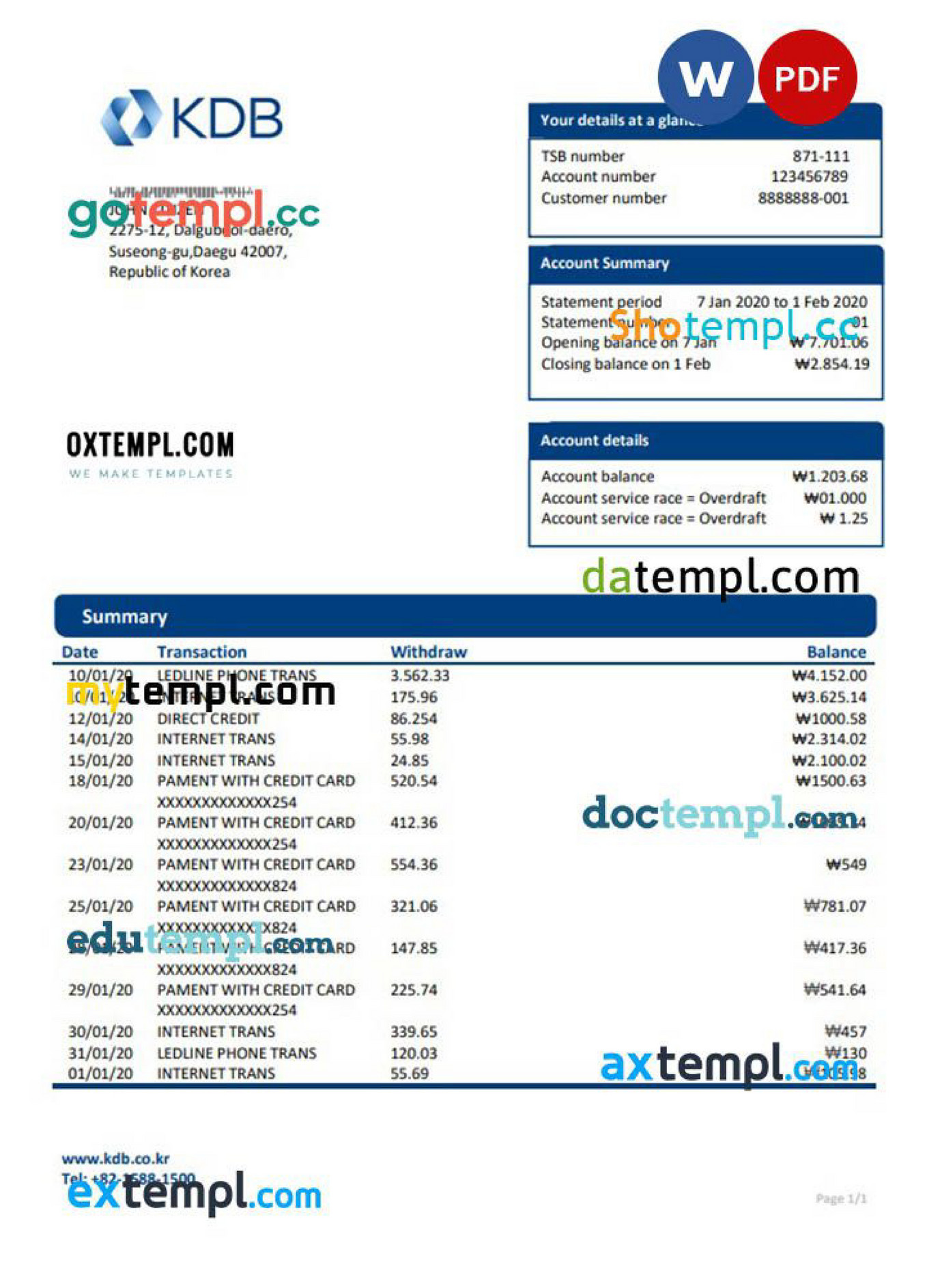 Doctempl - South Korea KDB bank proof of address statement template in Word and PDF format - Page 1