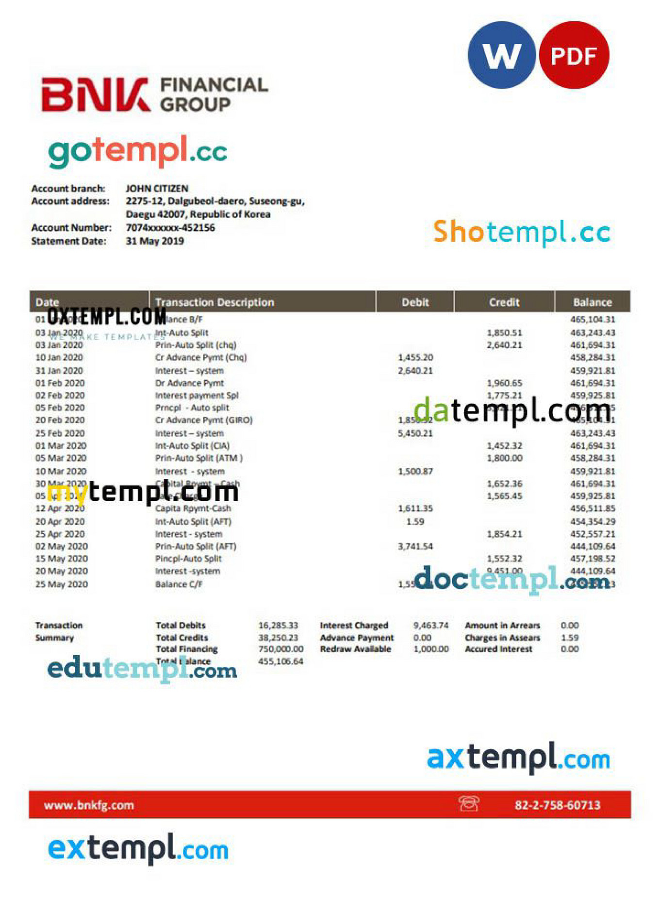 Doctempl - South Korea BNK bank statement template, Word and PDF format ...