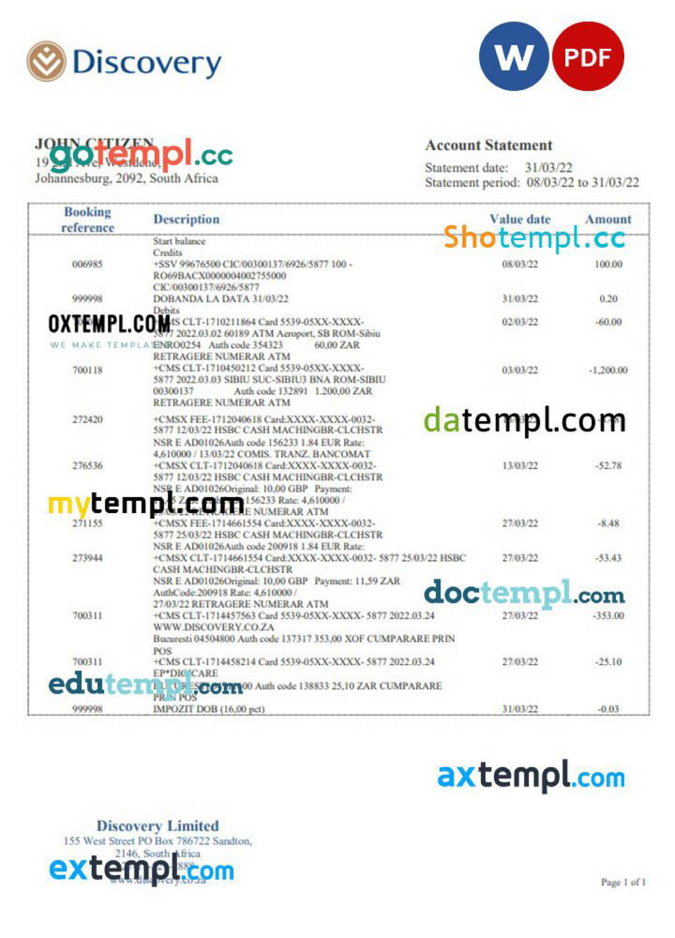 Doctempl - South Africa Discovery bank statement template in Word and ...