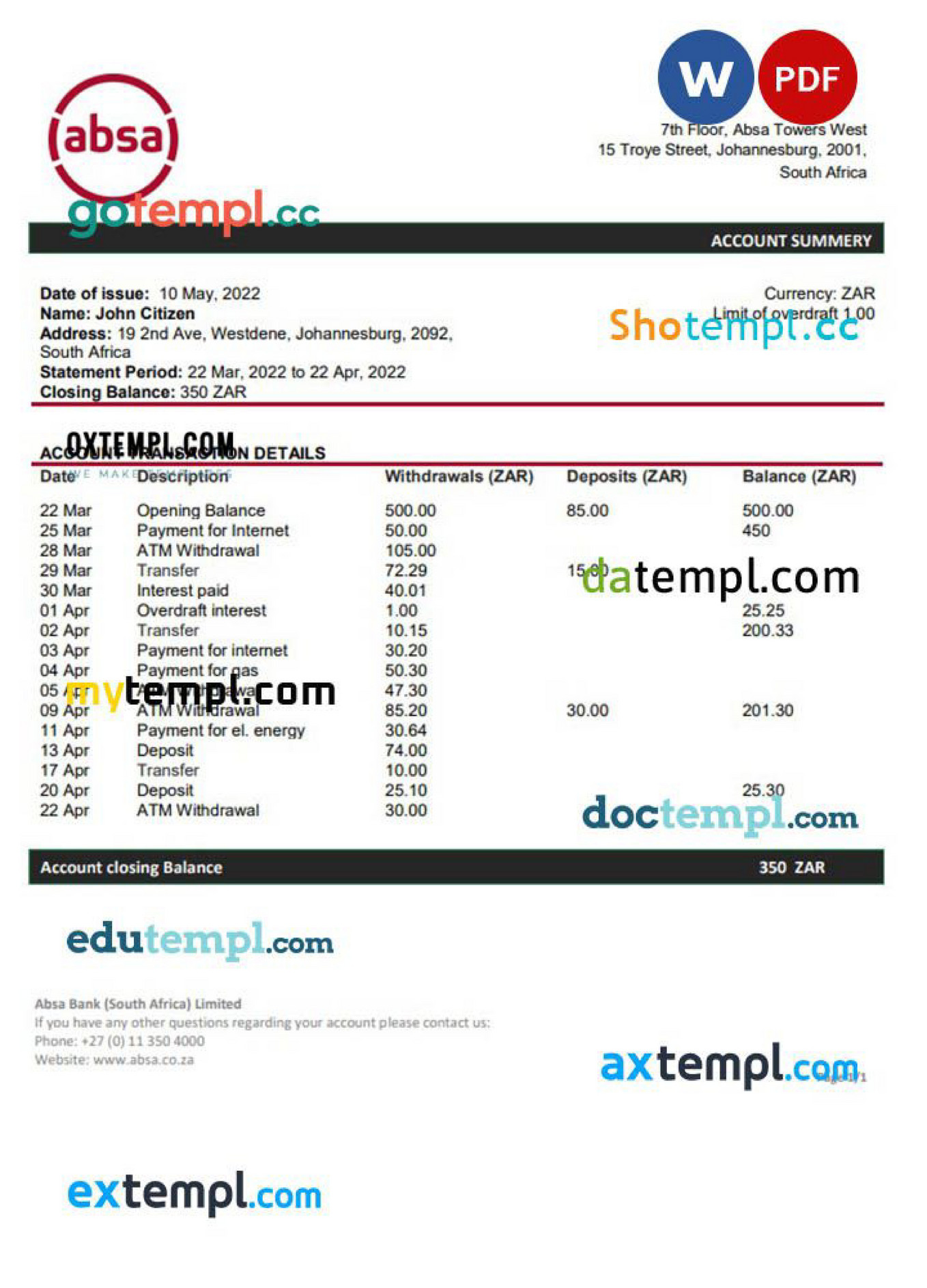 Doctempl - South Africa ABSA bank statement template in Word and PDF format - Page 1