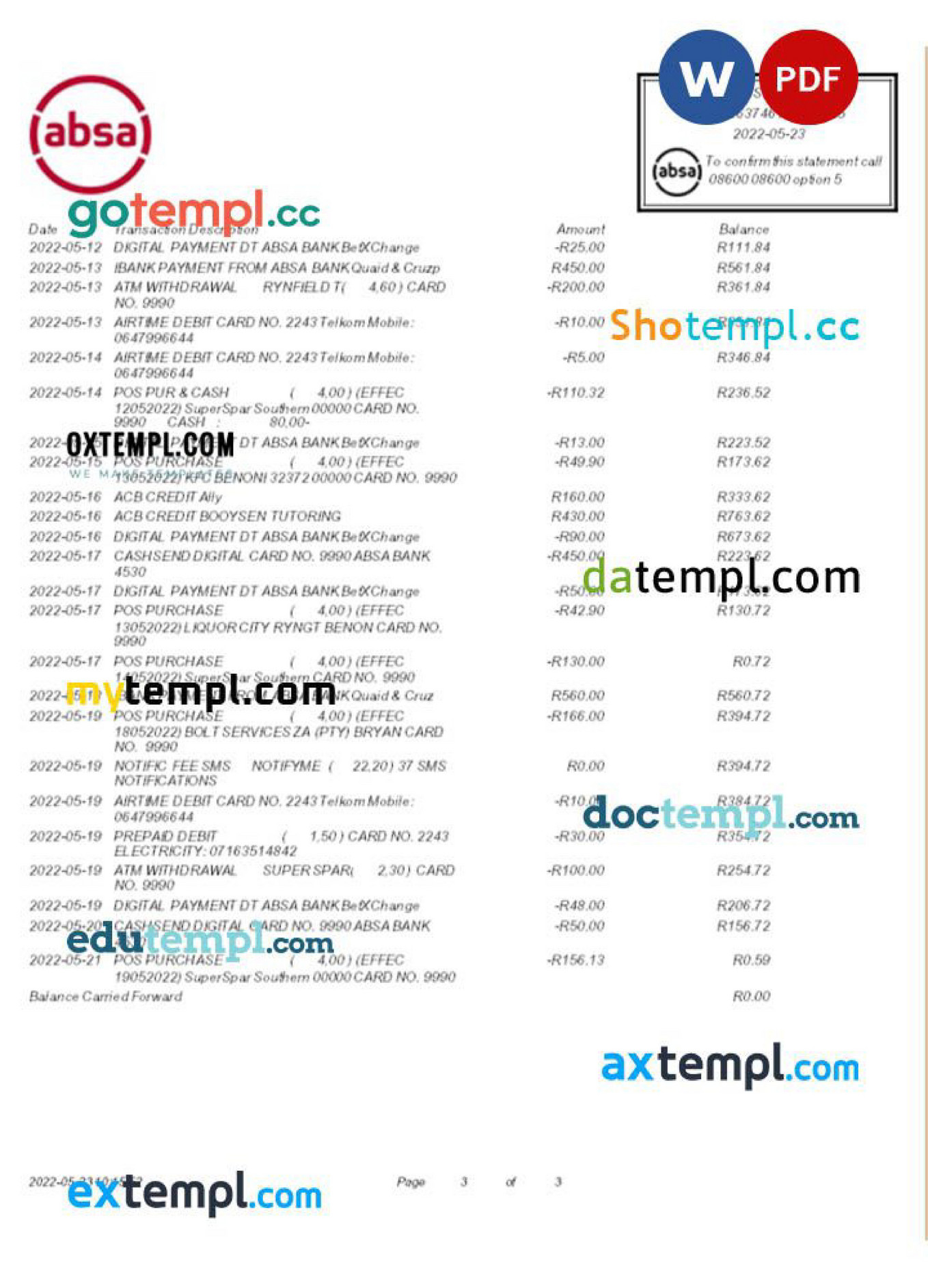 Doctempl - South Africa ABSA bank statement Word and PDF template, 3 ...